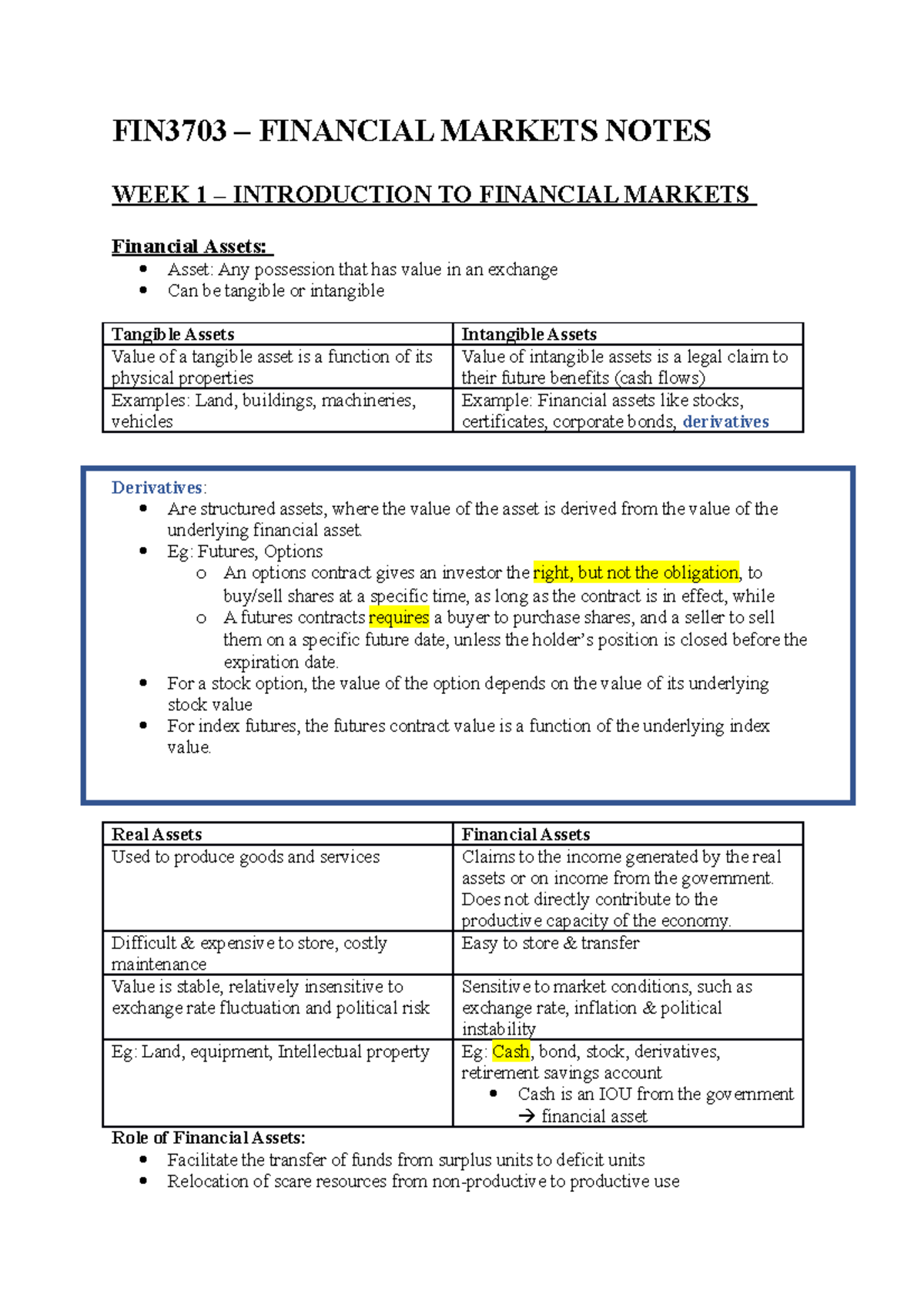 FIN3703 Notes - FIN3703 – FINANCIAL MARKETS NOTES WEEK 1 – INTRODUCTION ...