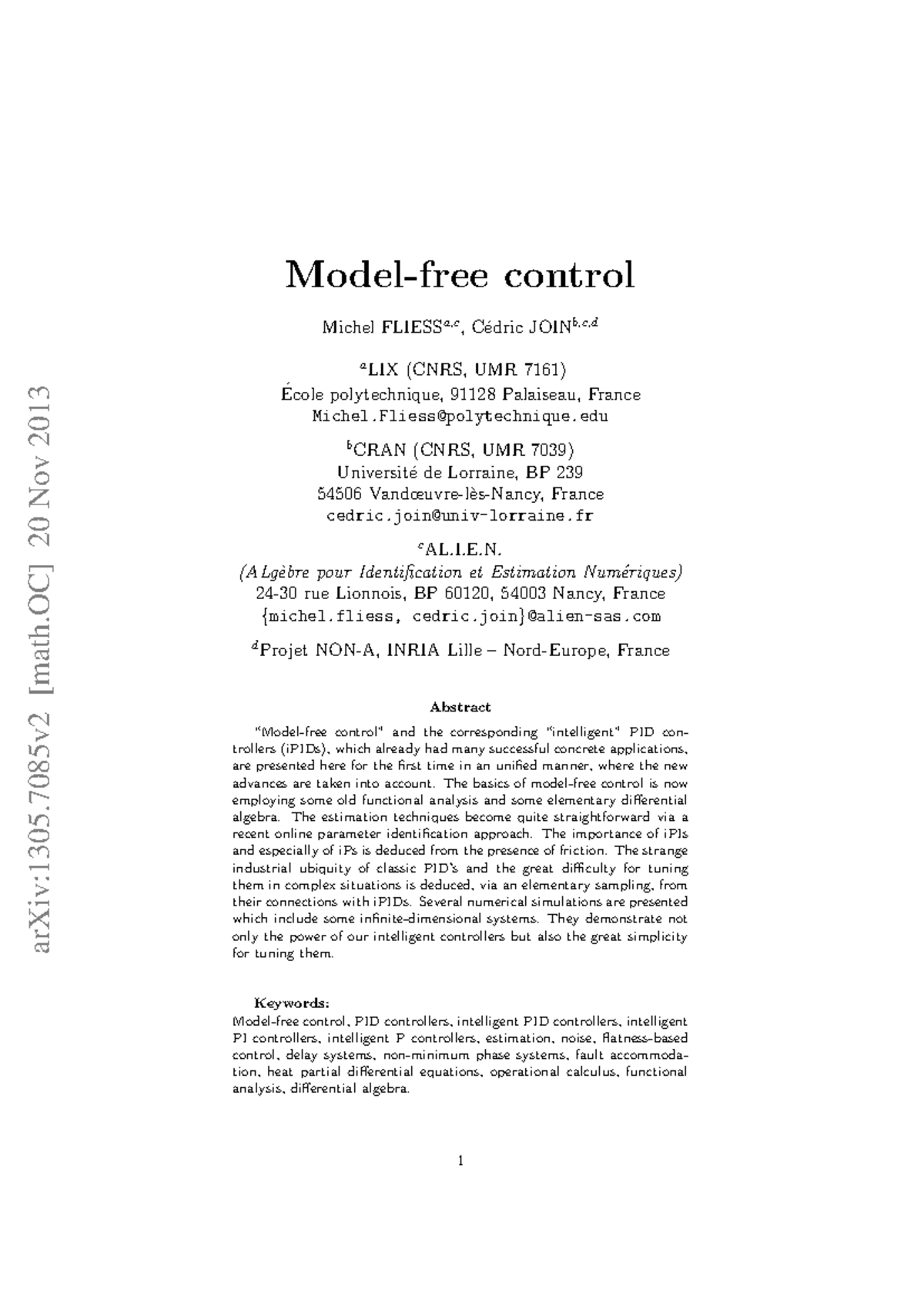 Model-Free Control - Model-free control Michel FLIESSa,c, C ́edric ...