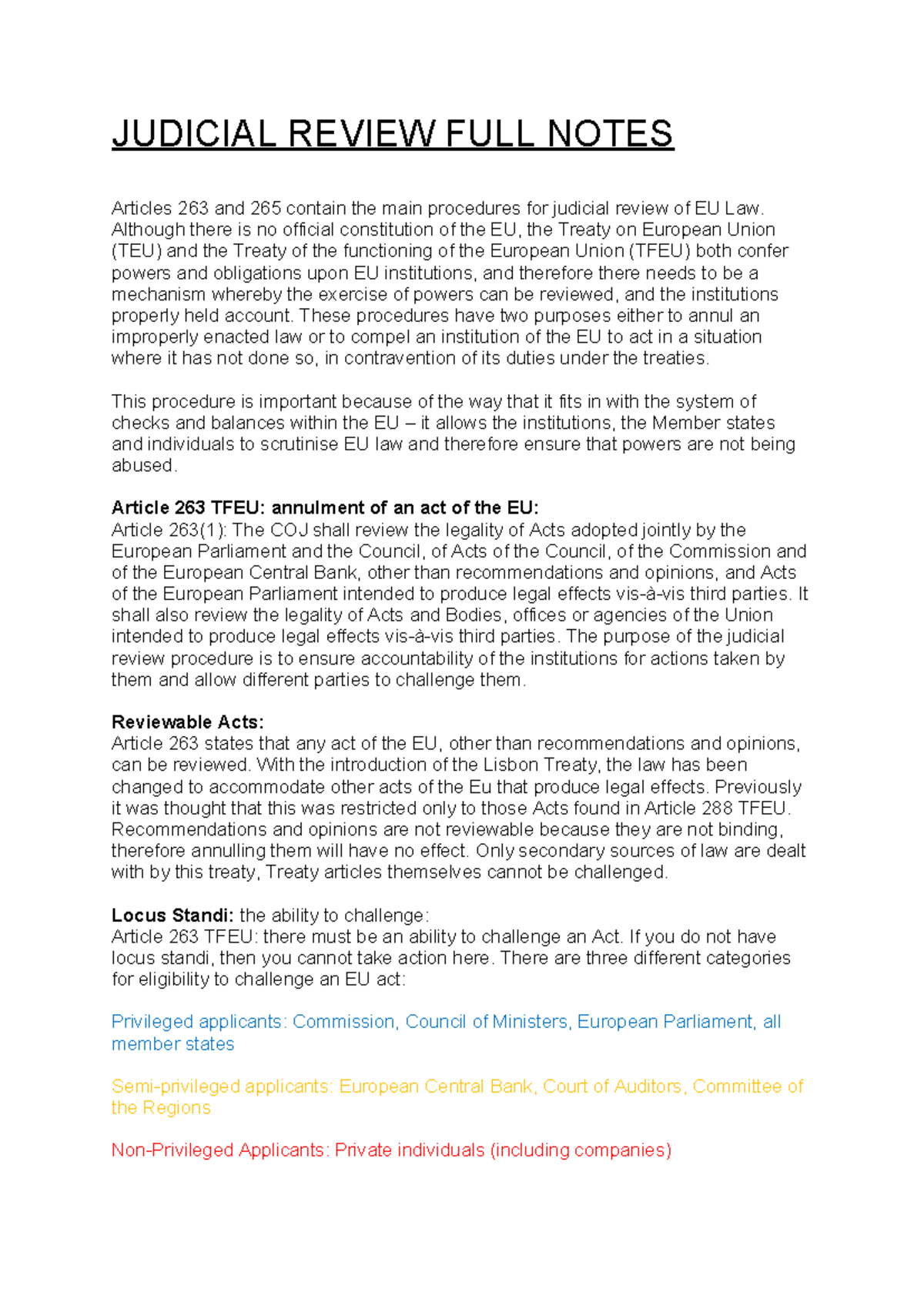 Judicial Review FULL Notes - JUDICIAL REVIEW FULL NOTES Articles 263 ...