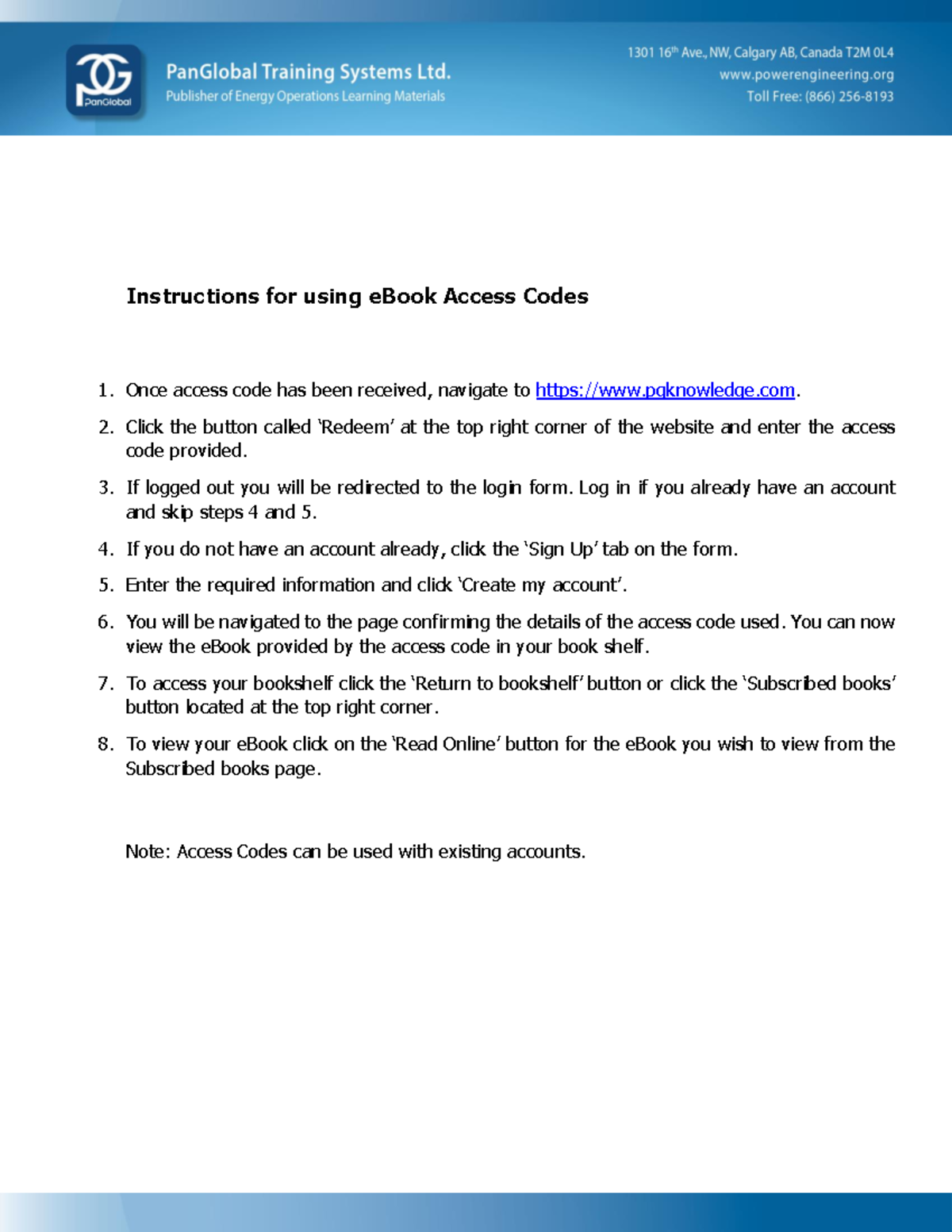 Panglobal Instructions For Access Codes - Instructions for using eBook Access Codes Once access ...