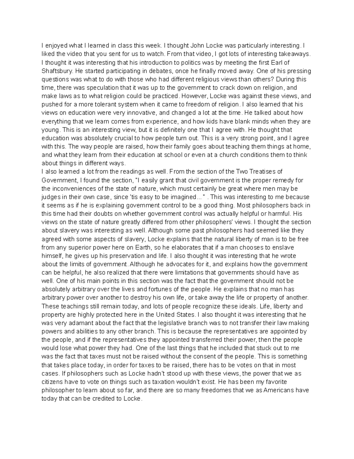 Journal 9- John Locke - I enjoyed what I learned in class this week. I ...