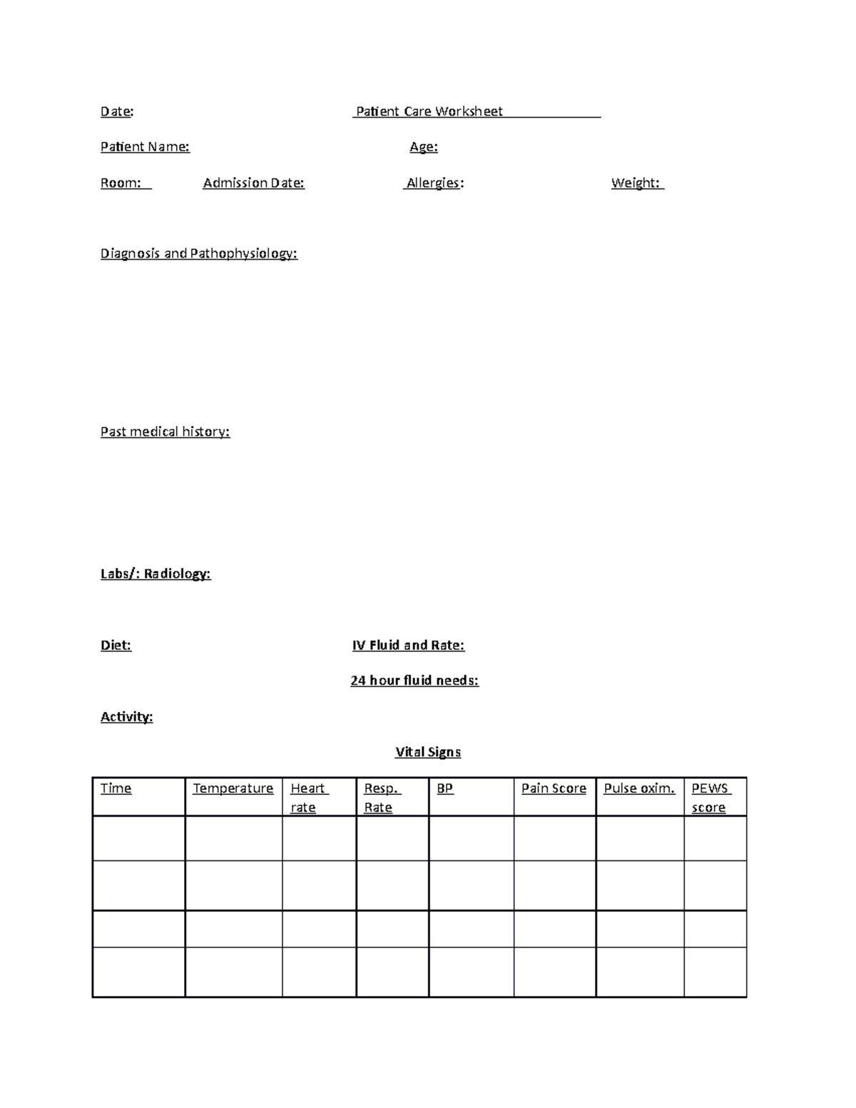 Patient care worksheet revised for Health Care of Children Academic ...