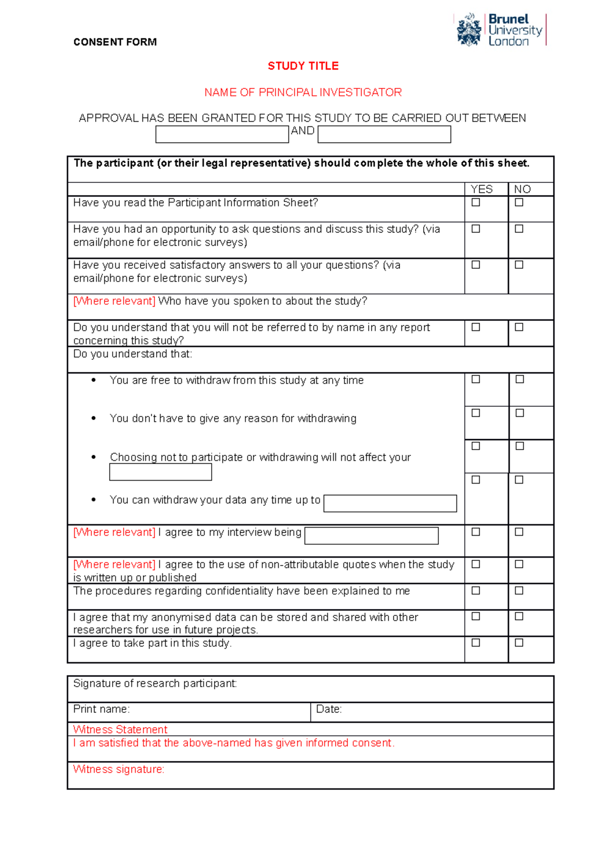 Consent Form Template - CONSENT FORM STUDY TITLE NAME OF PRINCIPAL ...