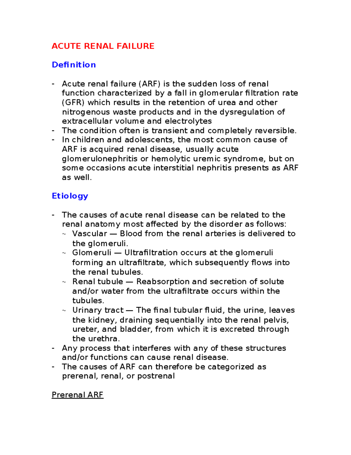 Acute Renal Failure - Lecture notes - ACUTE RENAL FAILURE Definition ...