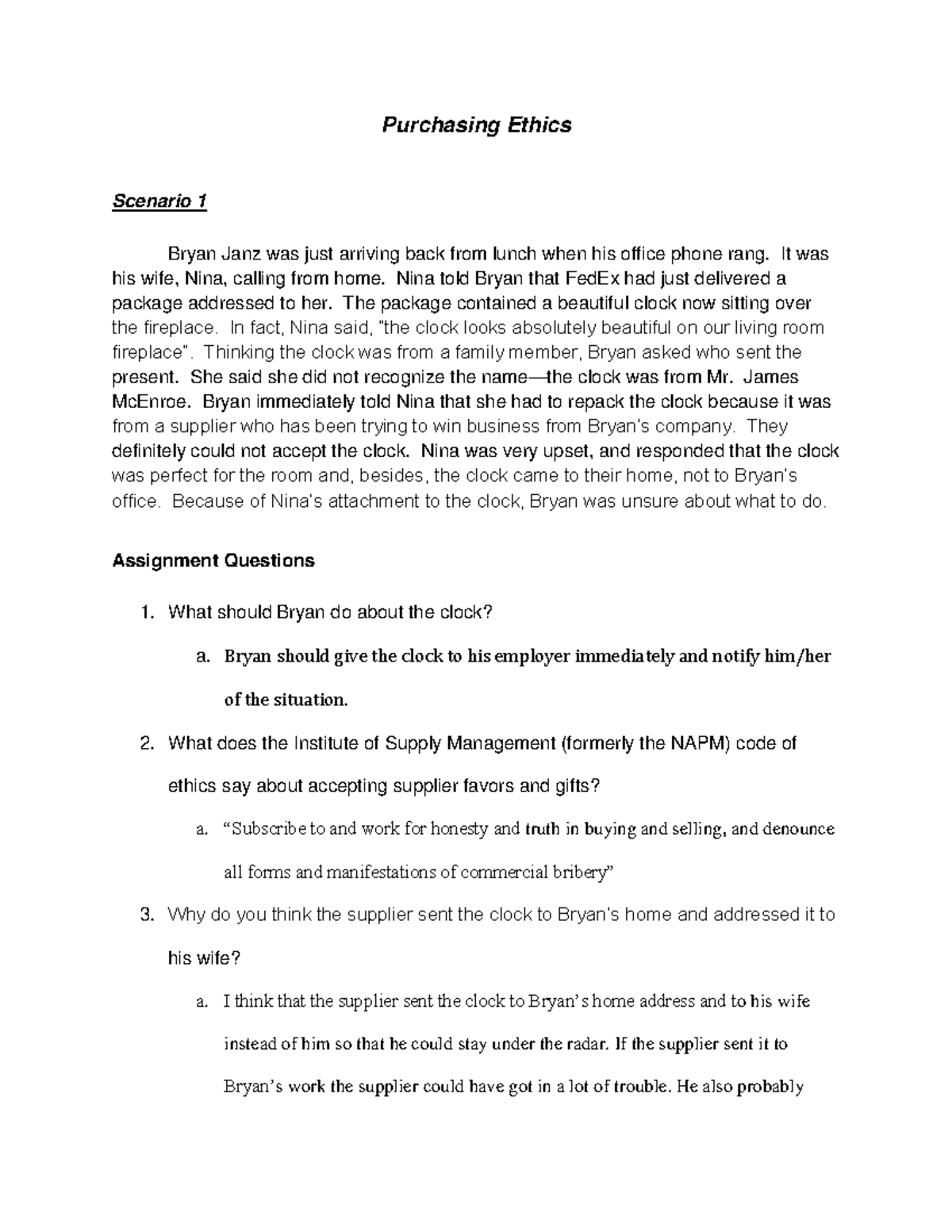 Toaz - Asignment of case study - Purchasing Ethics Scenario 1 Bryan ...