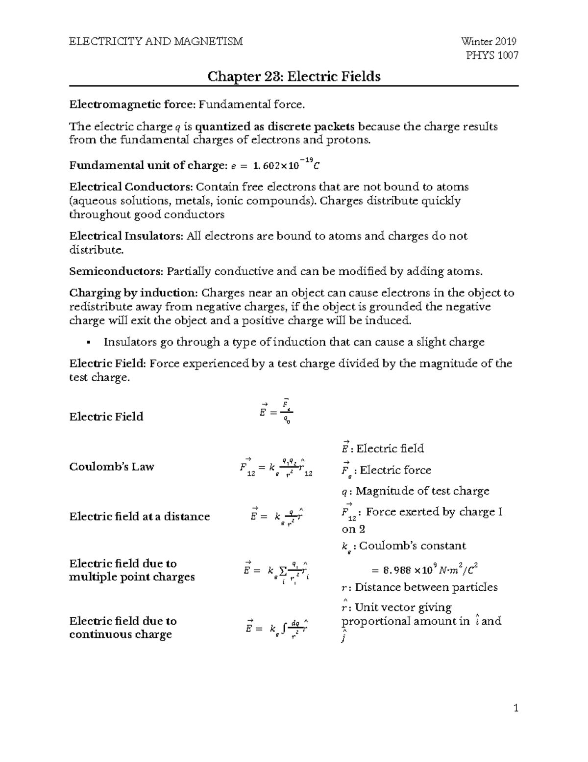 Physics Winter 2019 Notes - PHYS 1007 Chapter 23: Electric Fields ...