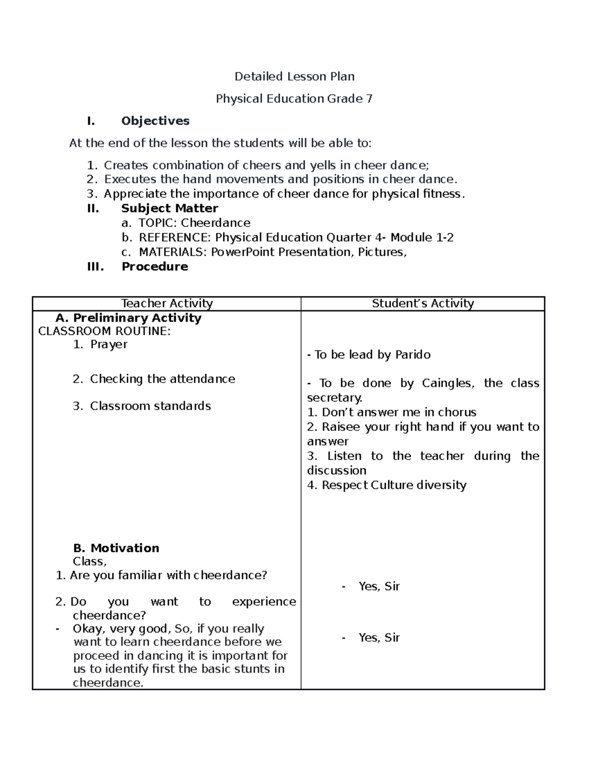 Detailed Lesson Plan - Detailed Lesson Plan Physical Education Grade 7 ...