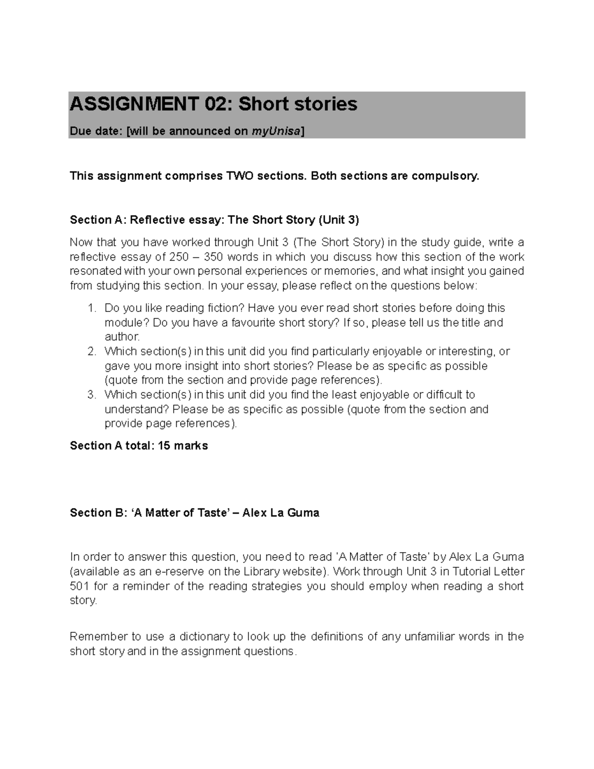 ENG1501 Assignment 2 Short Story - ASSIGNMENT 02: Short stories Due ...