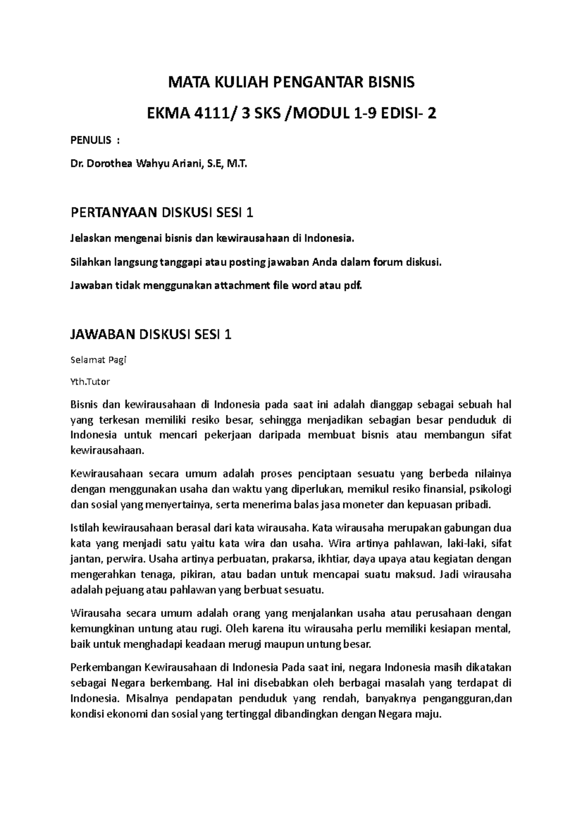 MATA Kuliah Pengantar Bisnis SESI 1 - MATA KULIAH PENGANTAR BISNIS EKMA 4111/ 3 SKS /MODUL 1-9 ...