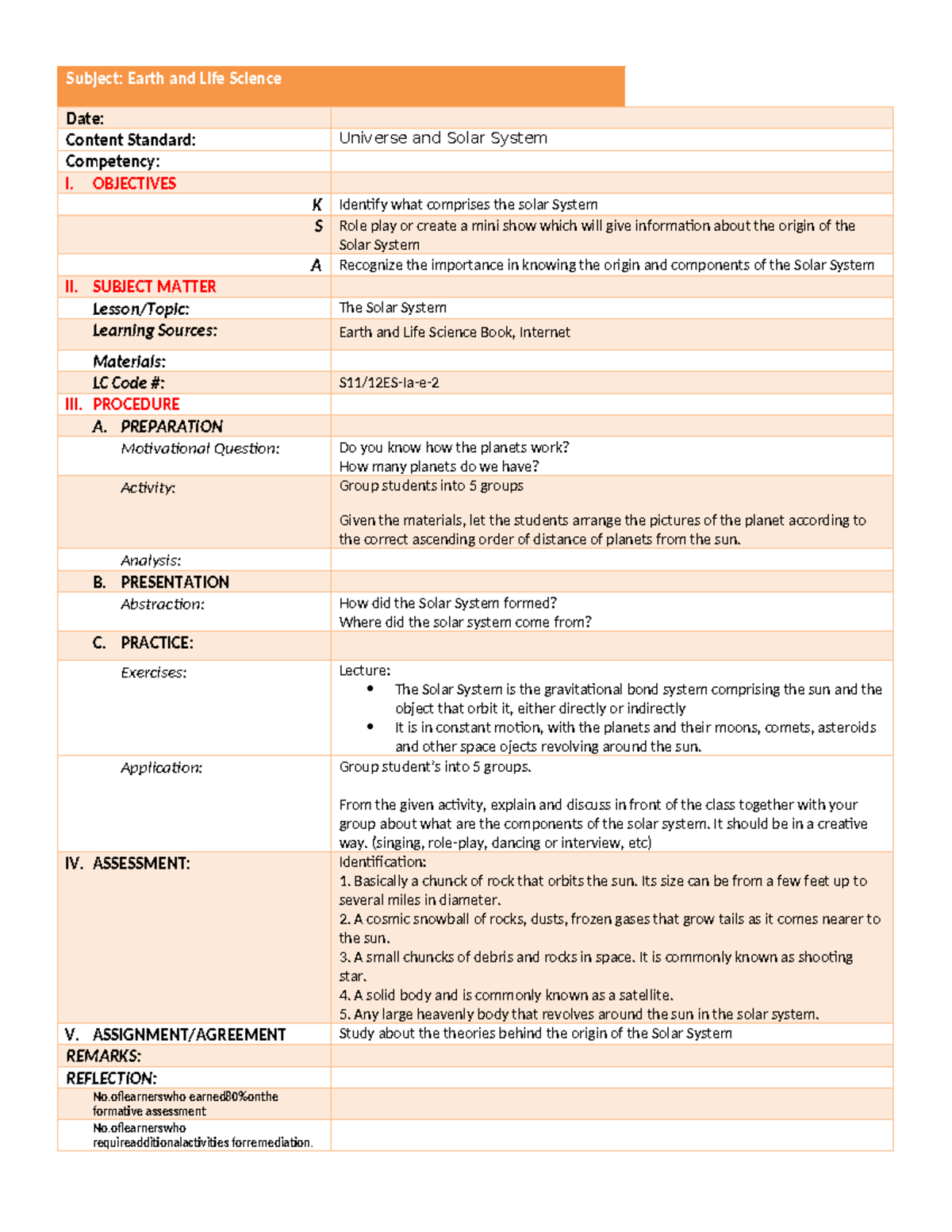 Earth and life science lp - Subject: Earth and Life Science Date ...