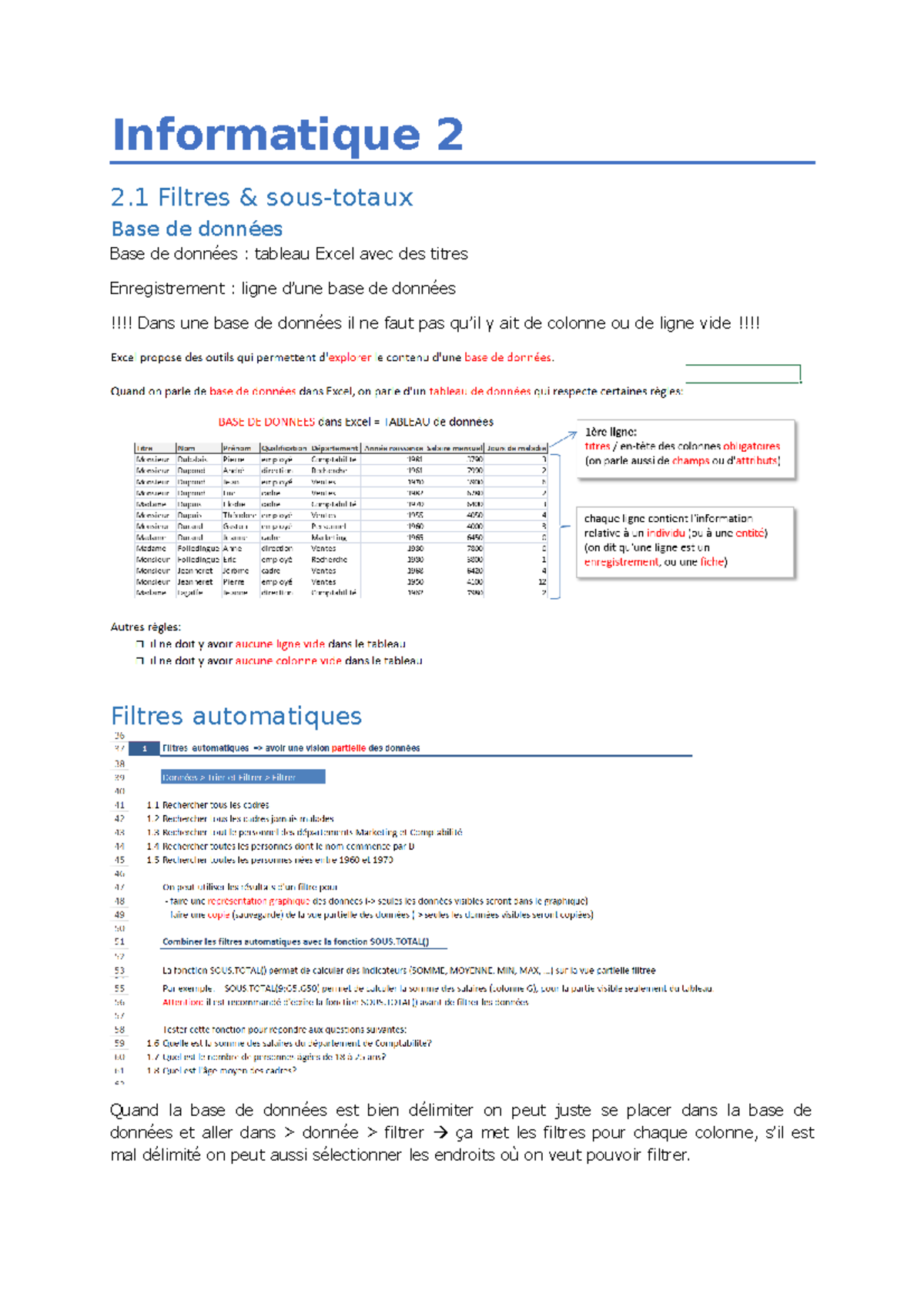Informatique 2 - Résumé - Informatique 2 2 Filtres & sous-totaux Base ...