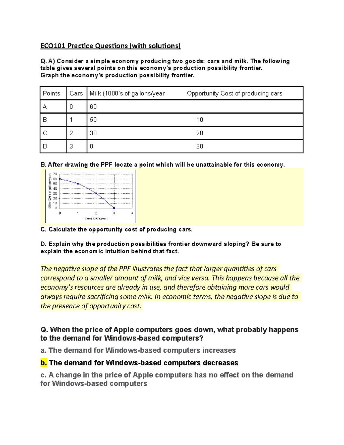 Practice Worksheet 1 with solutions - ECO101 Practice Questions (with solutions) Q. A) Consider ...