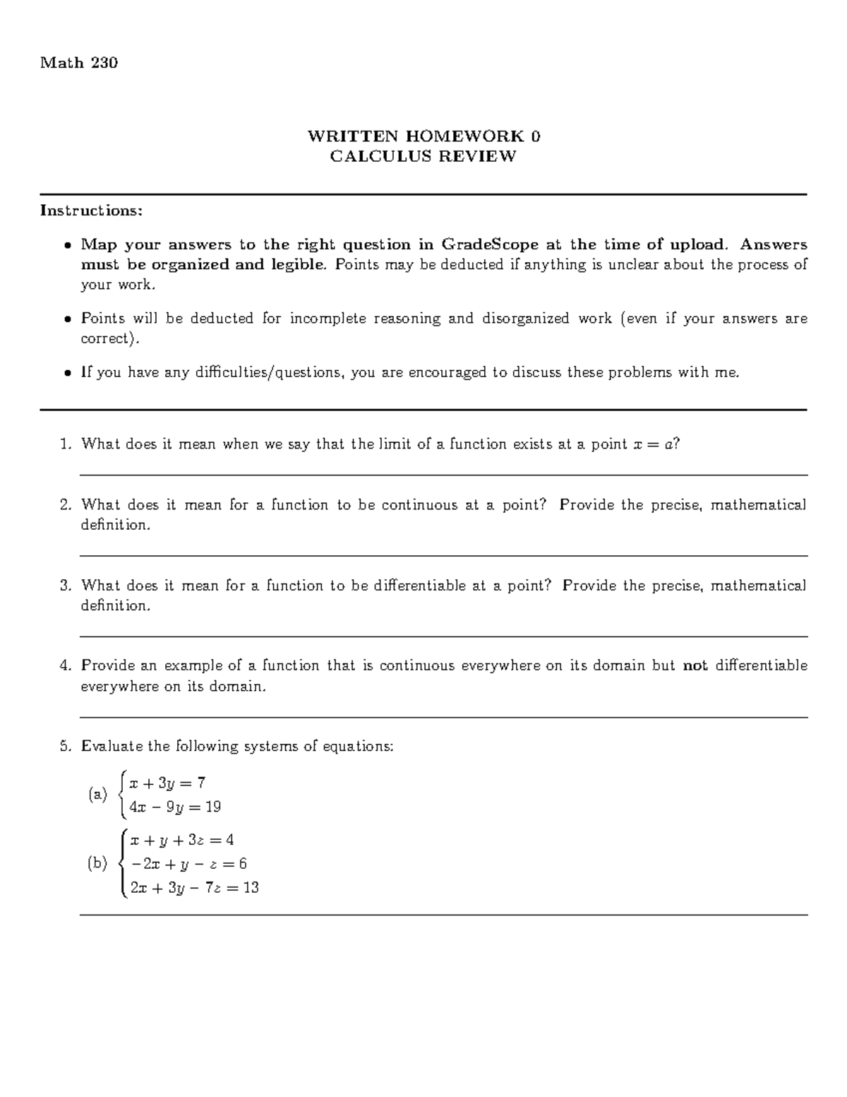 Calculus Review Assignment - Math 230 WRITTEN HOMEWORK 0 CALCULUS ...