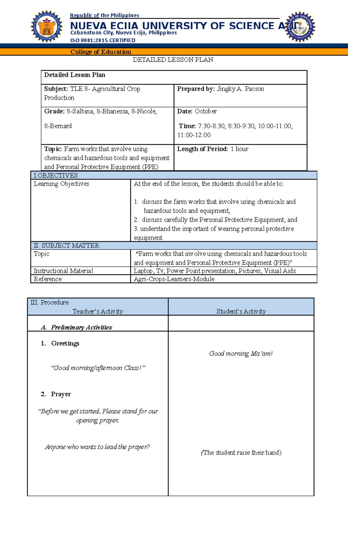 PPE- Agri crop - DLP - DETAILED LESSON PLAN Detailed Lesson Plan ...