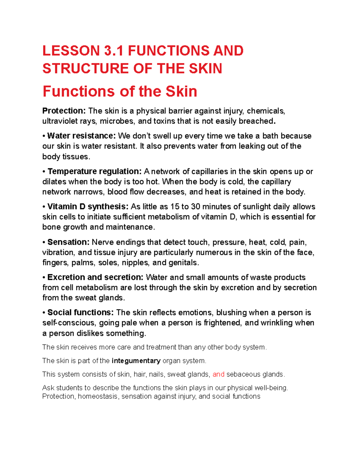 Lesson 3.1 Functions AND Structure OF THE SKIN - LESSON 3 FUNCTIONS AND ...