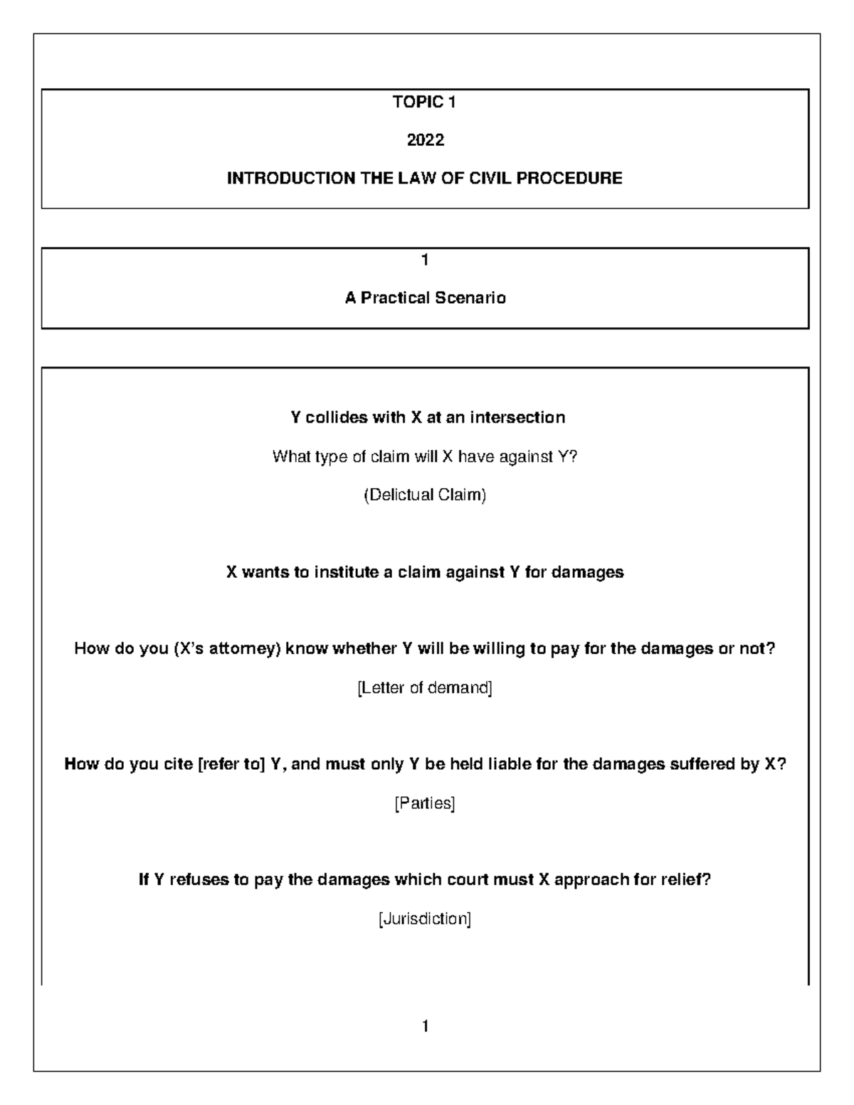 Civil procedure uwc topic 1 student notes - TOPIC 1 2022 INTRODUCTION ...
