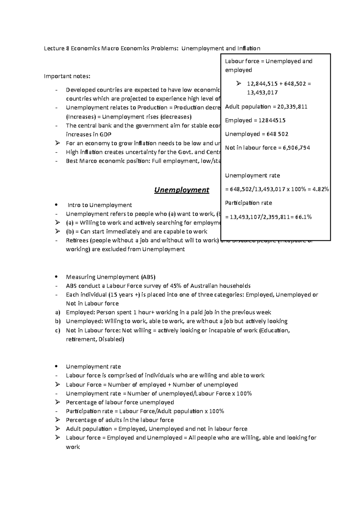 Week 8 Unemployment and Inflation Lecture notes - Lecture 8 Economics ...