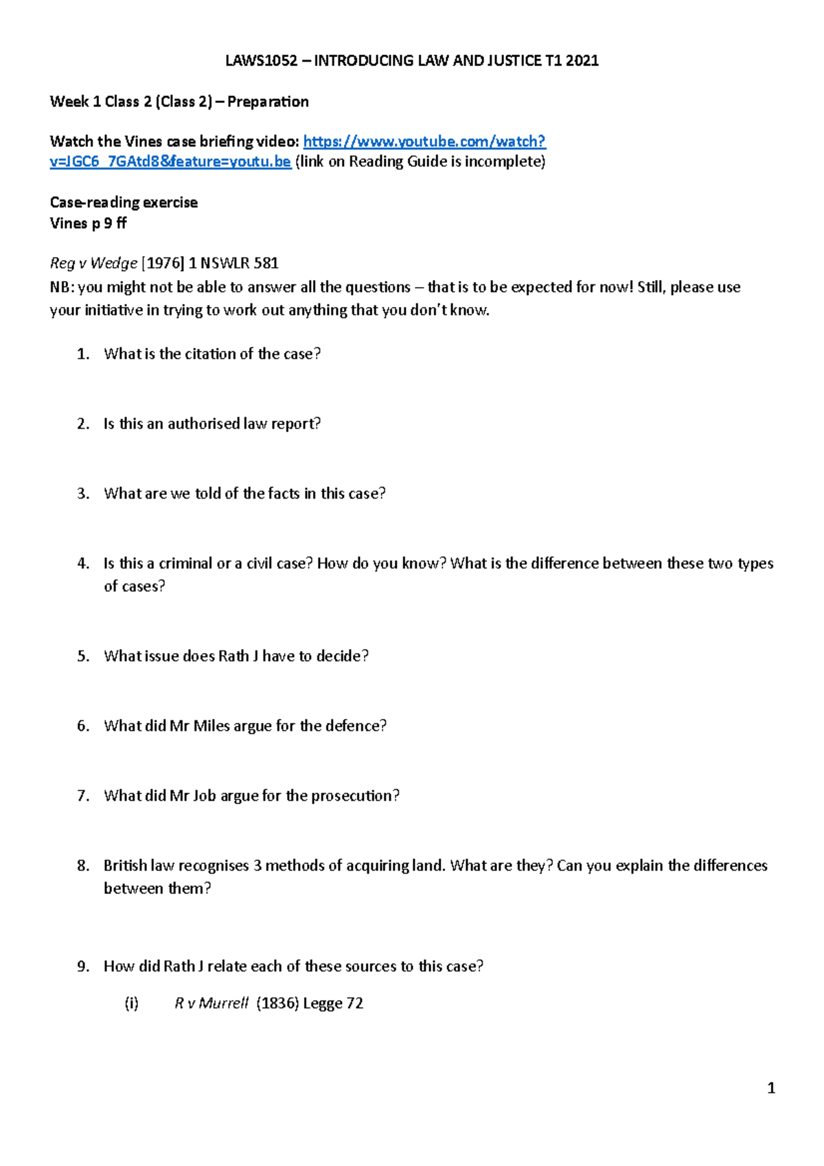 Class 2 - W1C2 - Prep Case law - LAWS1052 – INTRODUCING LAW AND JUSTICE ...