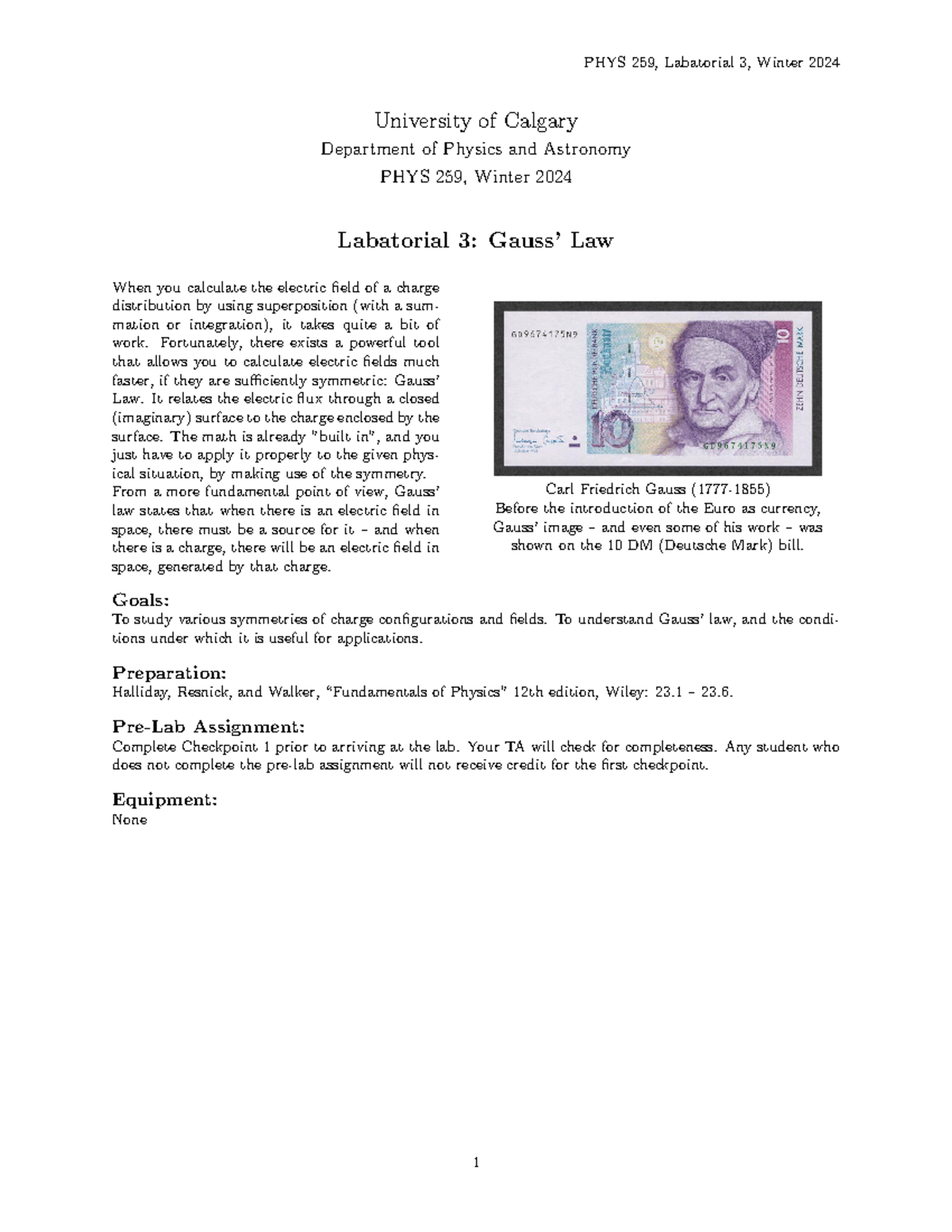 PHYS 259 W2024 - Labatorial 03 - Gauss Law - University of Calgary ...