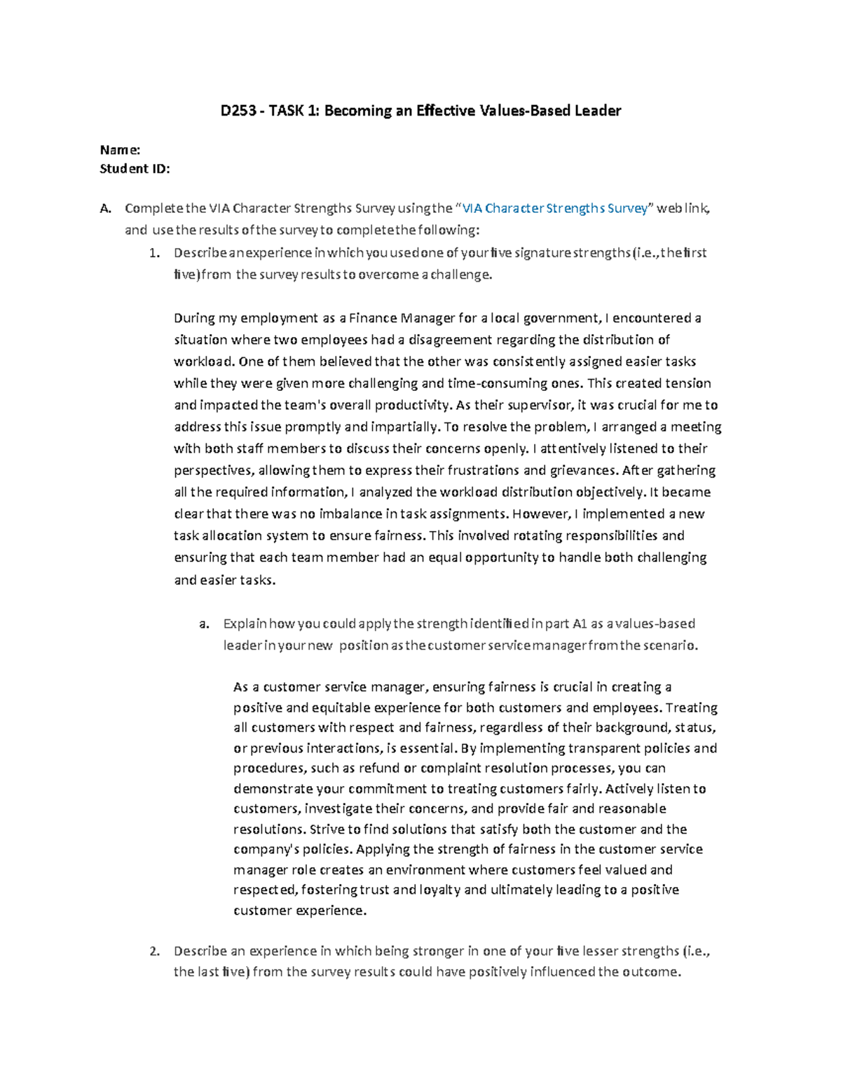 D253 Task 1 - D253 - TASK 1: Becoming an Effective Values-Based Leader ...