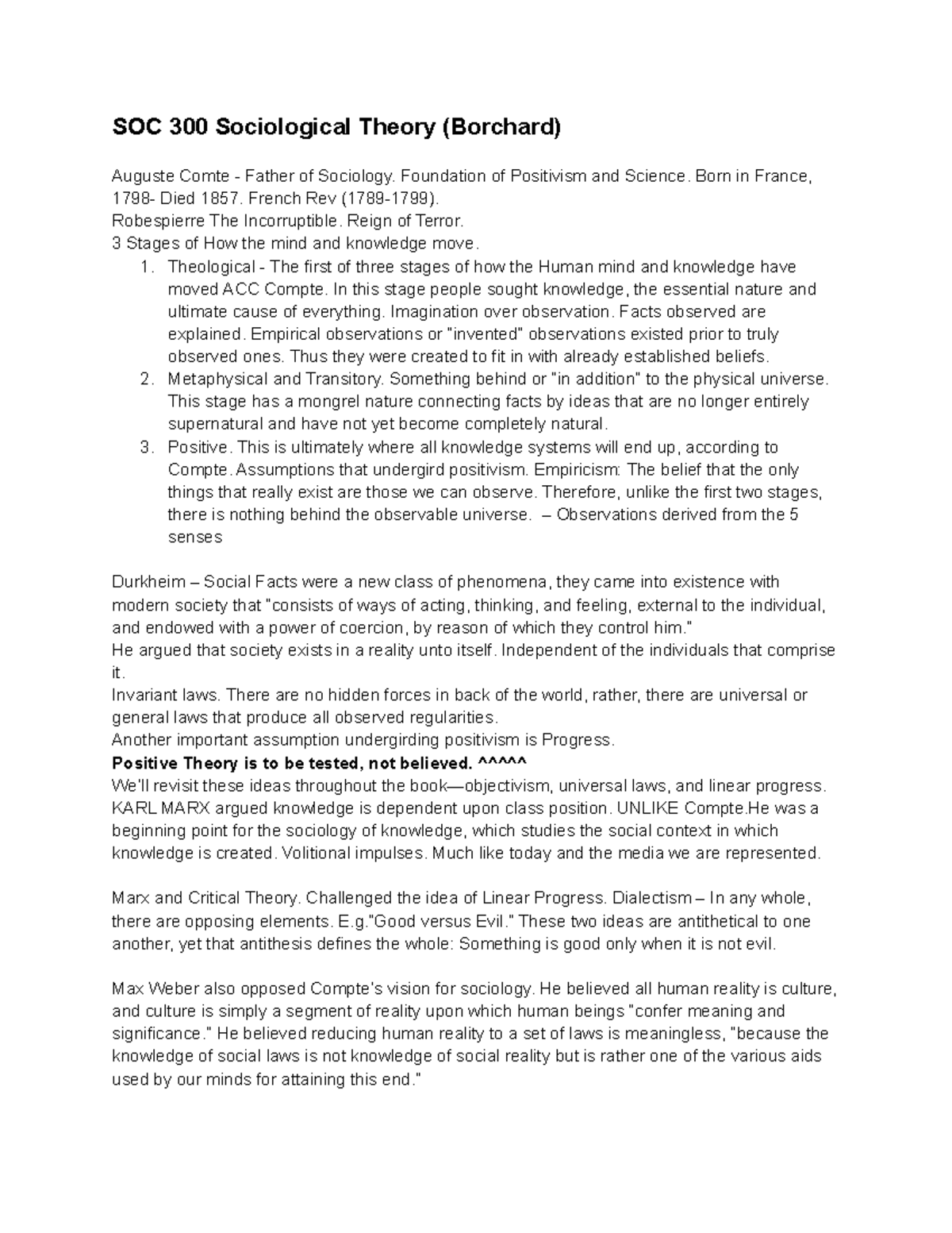 SOC 300 Notes (Borchard) - SOC 300 Sociological Theory (Borchard ...