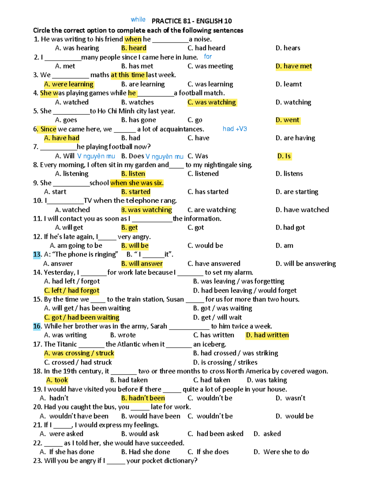 Practice 81 English 10 HKII - PRACTICE 81 - ENGLISH 10 Circle the ...