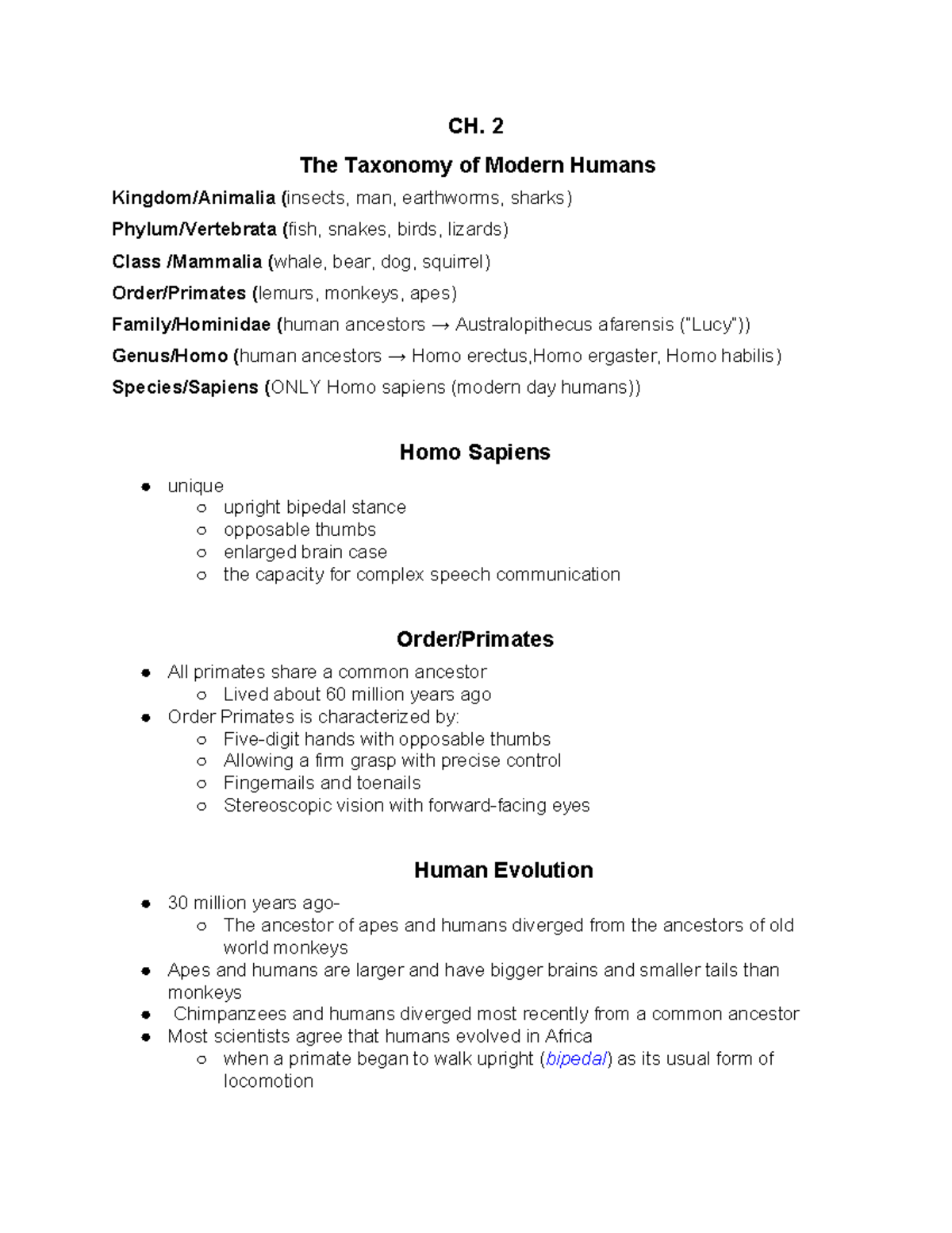 Human Organism CH. 2 - CH. 2 The Taxonomy of Modern Humans Kingdom ...