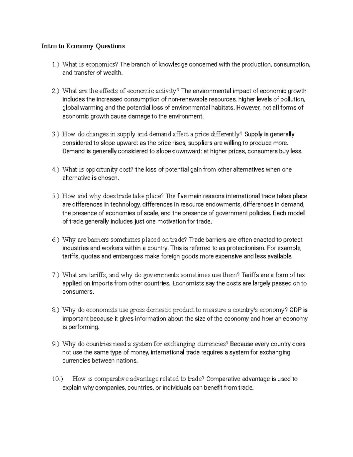 Economy Questions - Notes and this was an assignment and it's basically ...