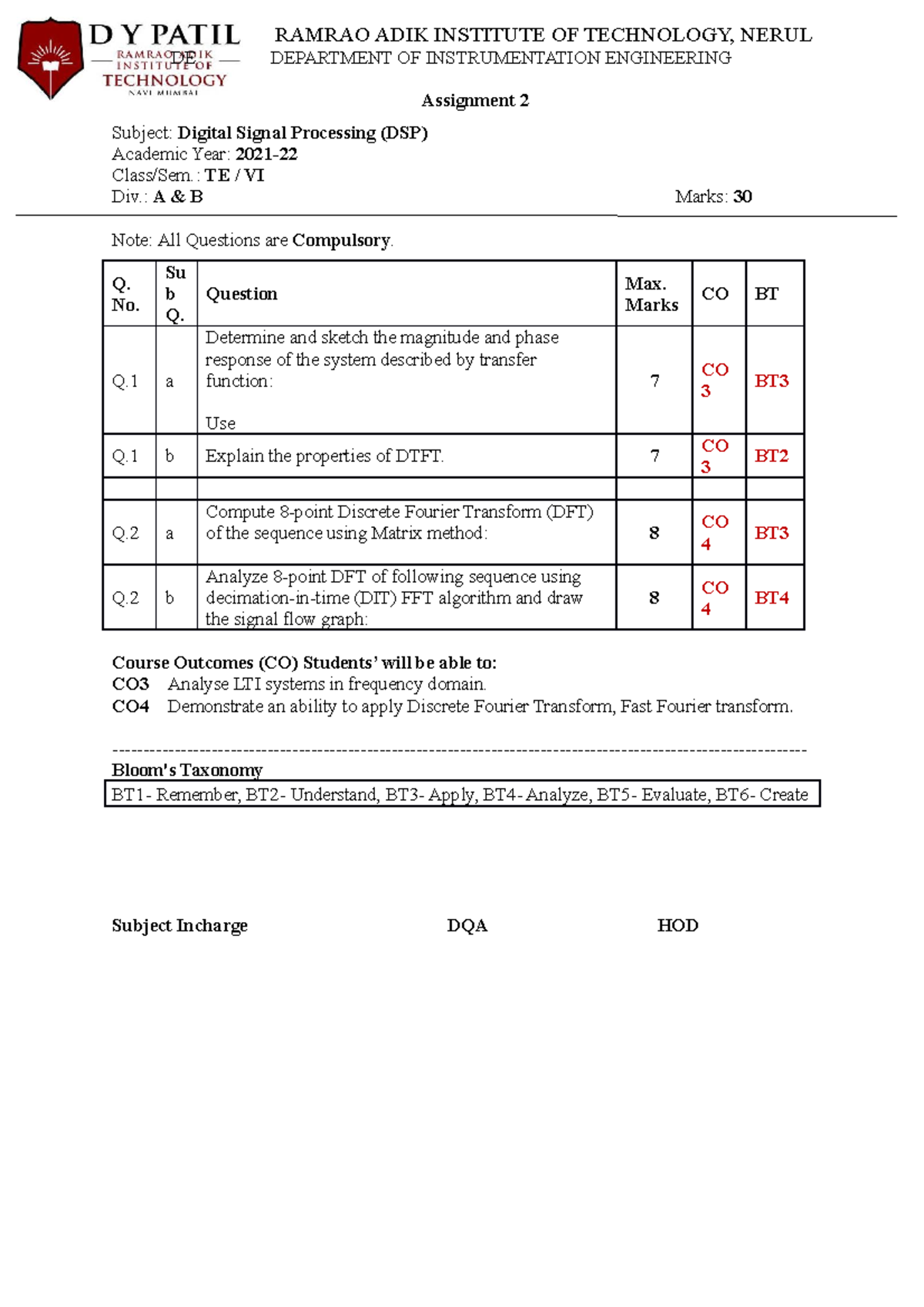 Dsp Assignment 2 Ramrao Adik Institute Of Technology Nerul De Department Of Instrumentation
