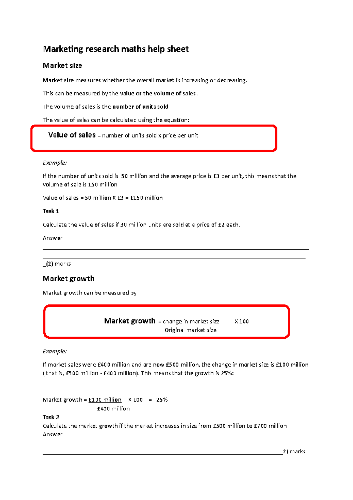 Marketing research maths help sheet - This can be measured by the value ...