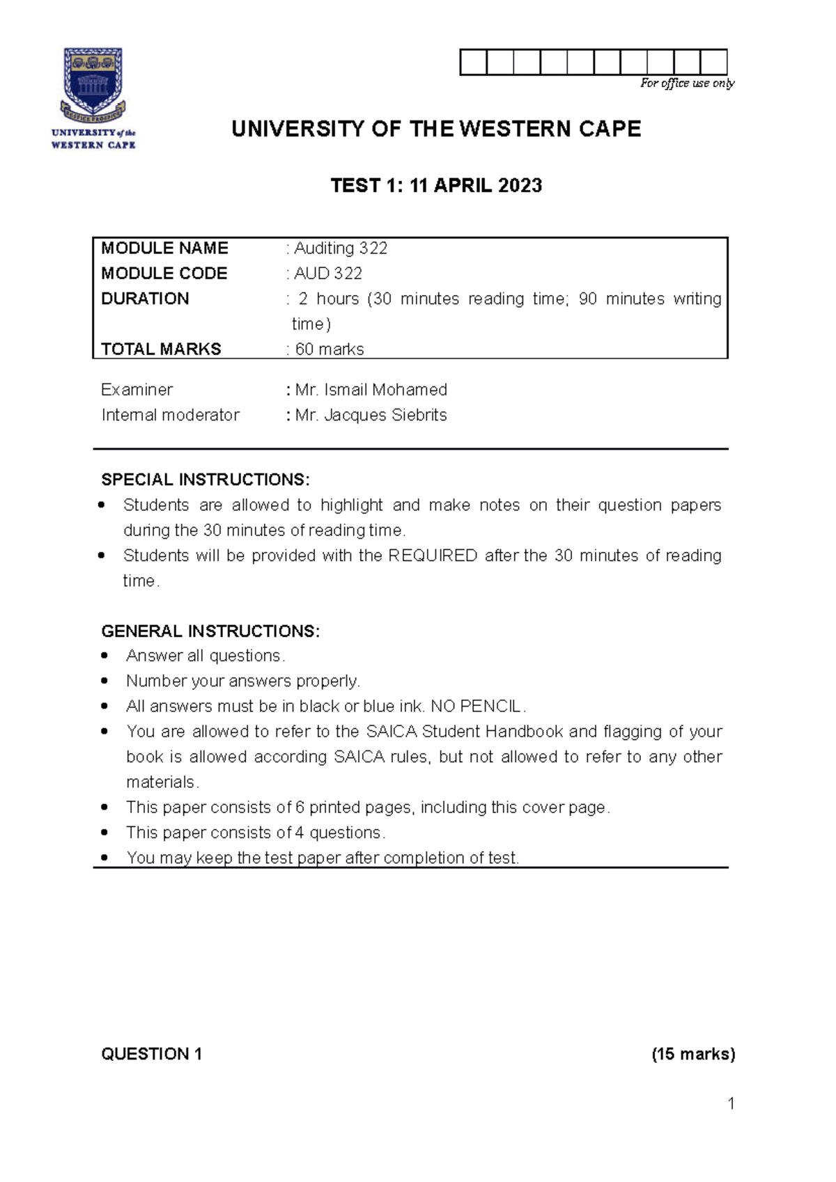AUD322 Test 1 Question Paper Scenario 2023 v4 Final - For office use ...