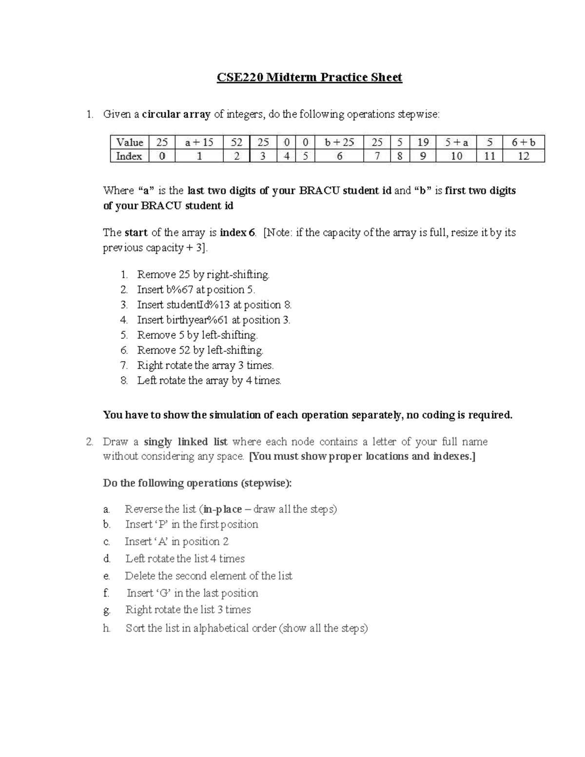 CSE220 Midterm Practice Sheet - CSE220 Midterm Practice Sheet Given a circular array of integers ...