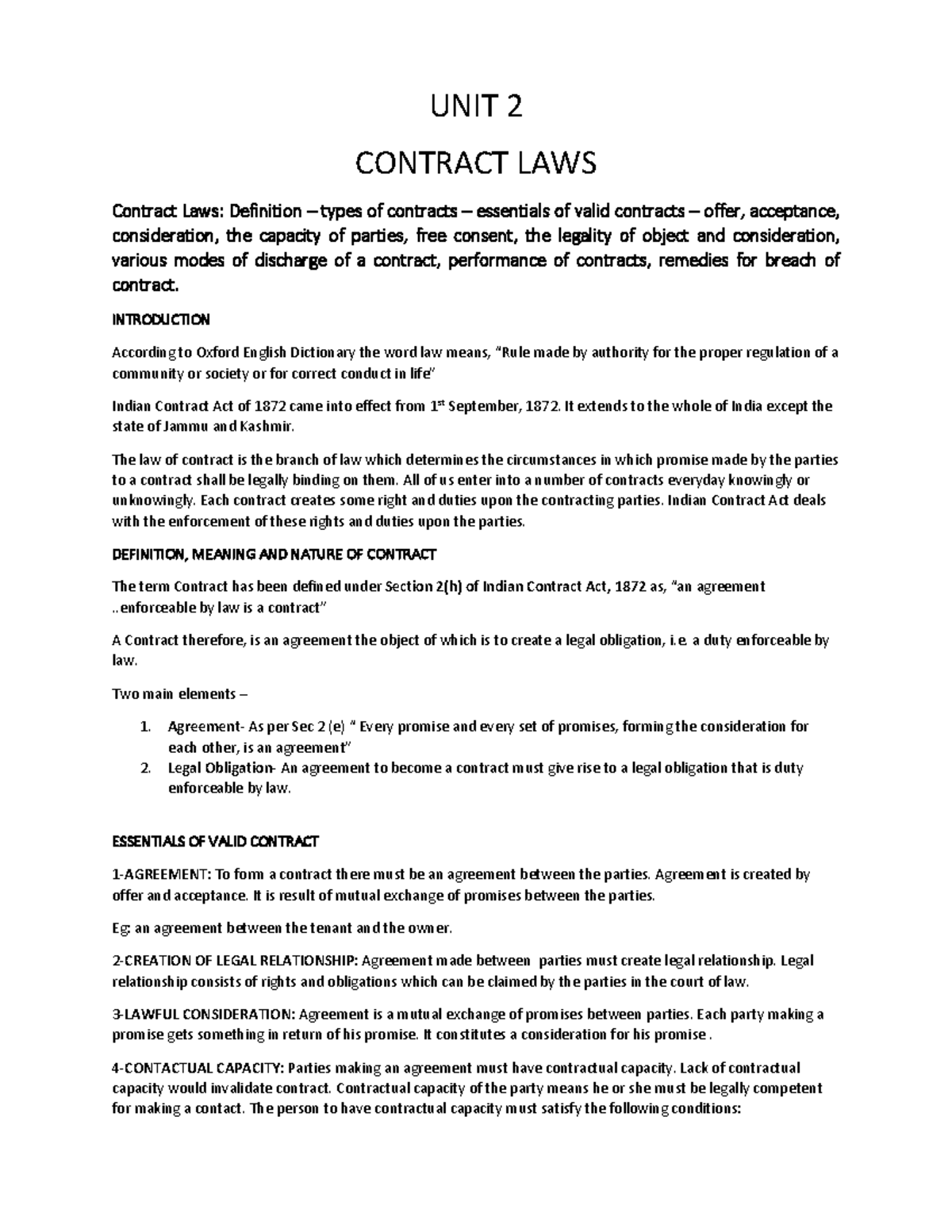 Contract law notes Unit 2 - UNIT 2 CONTRACT LAWS Contract Laws ...