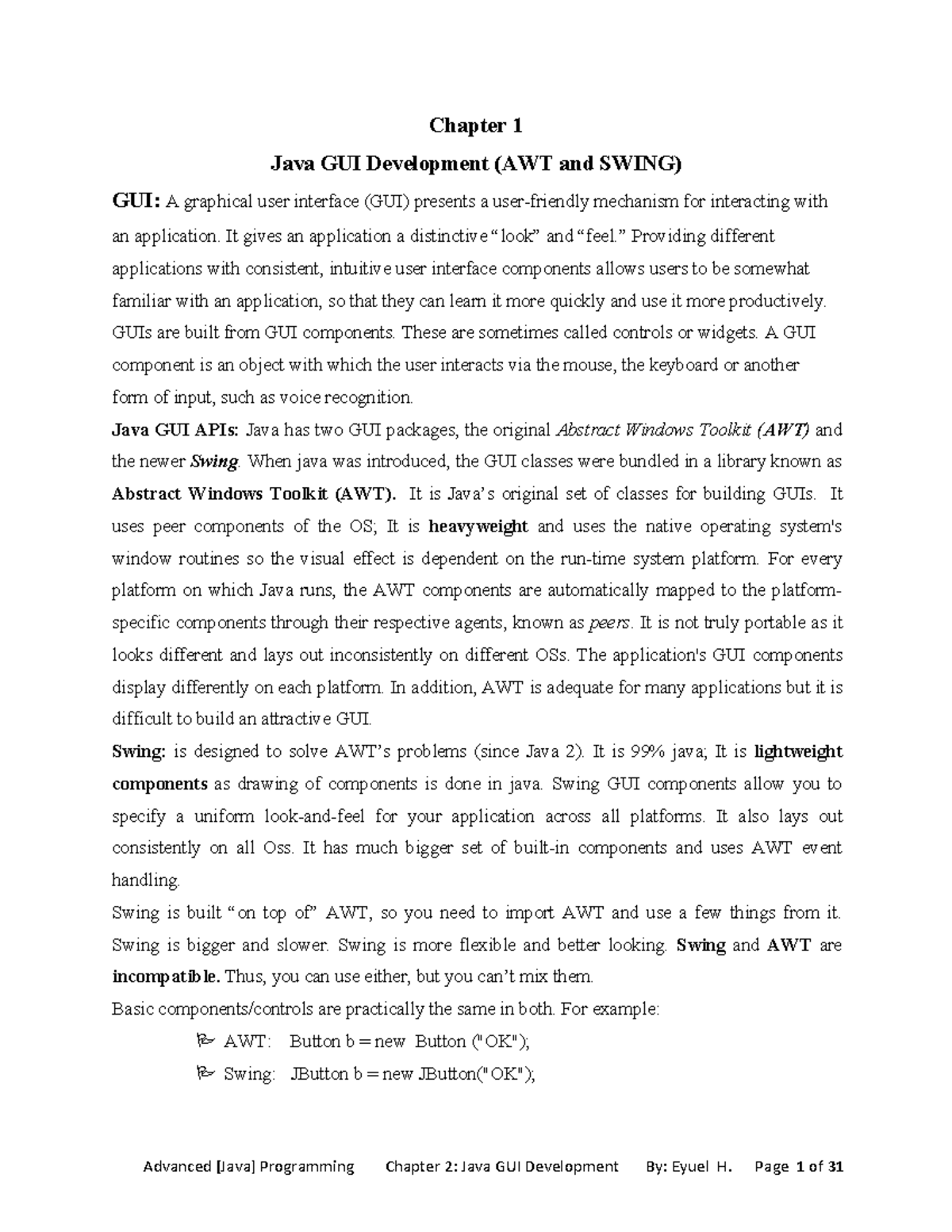 Lecturenote 1789627304 Chapter-1 AWT and Swing - Chapter 1 Java GUI Development (AWT and SWING ...