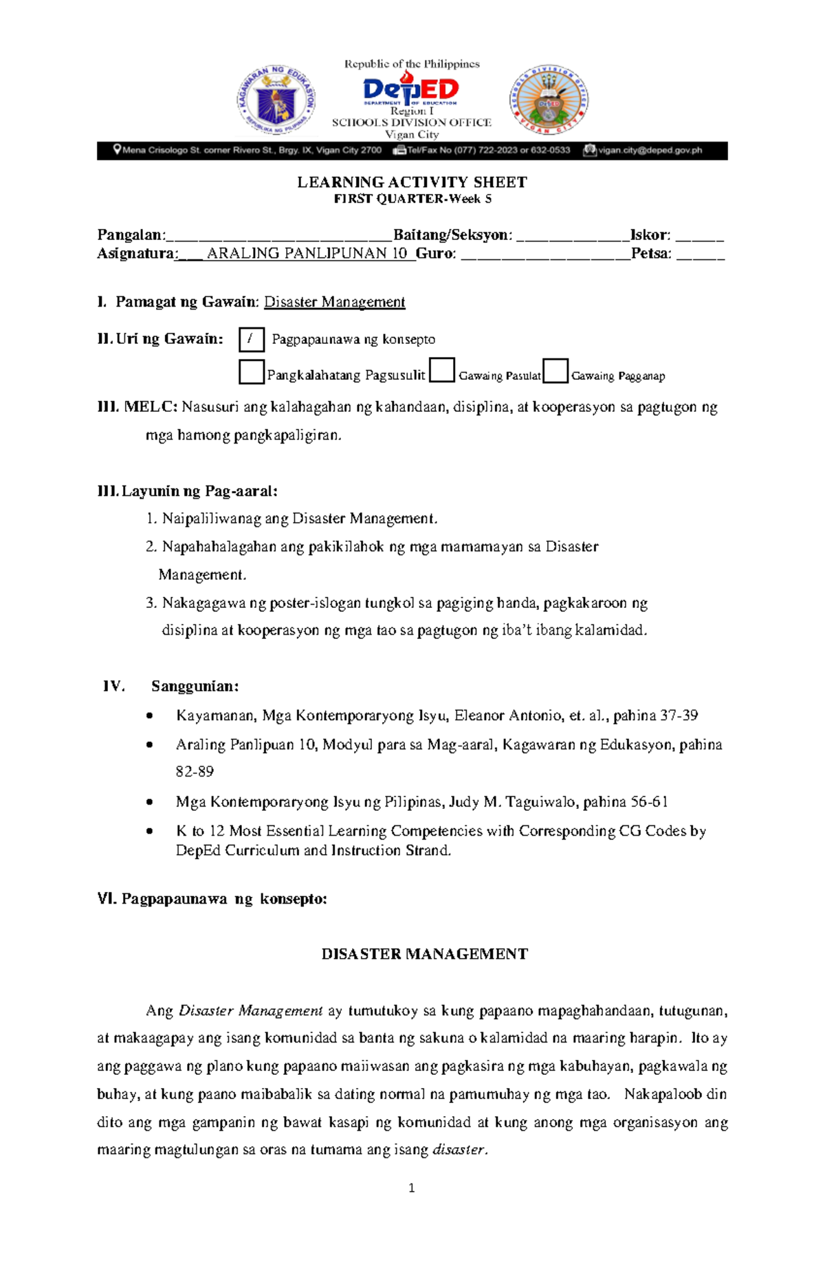 AP10 Q1wk5 Disaster Management - LEARNING ACTIVITY SHEET FIRST QUARTER ...