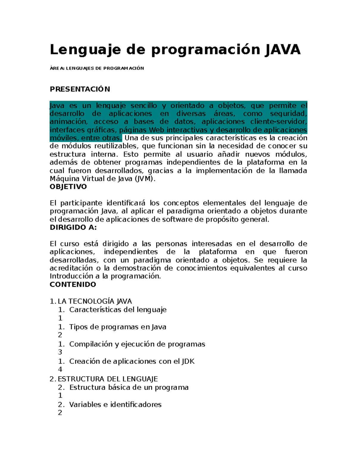 Lenguaje De Programación Java Lenguaje De Programación Java Área