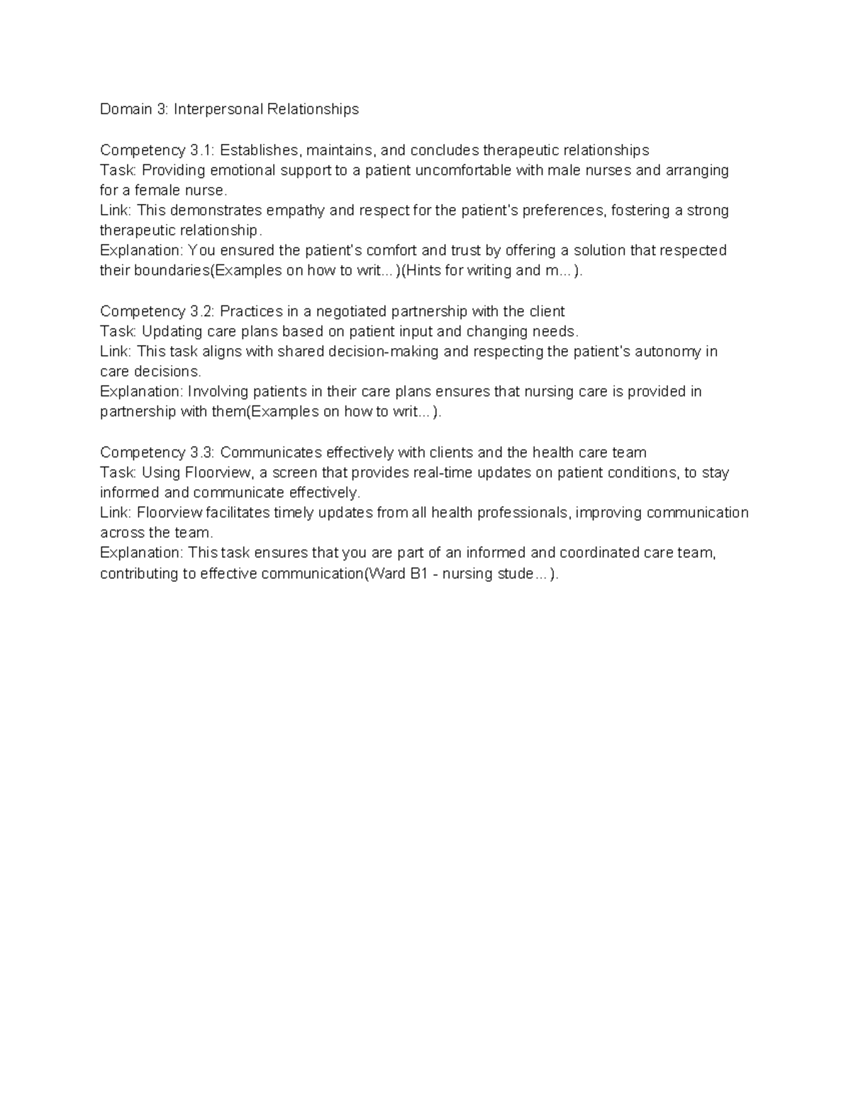 Domain 3 - Domain 3: Interpersonal Relationships Competency 3 ...