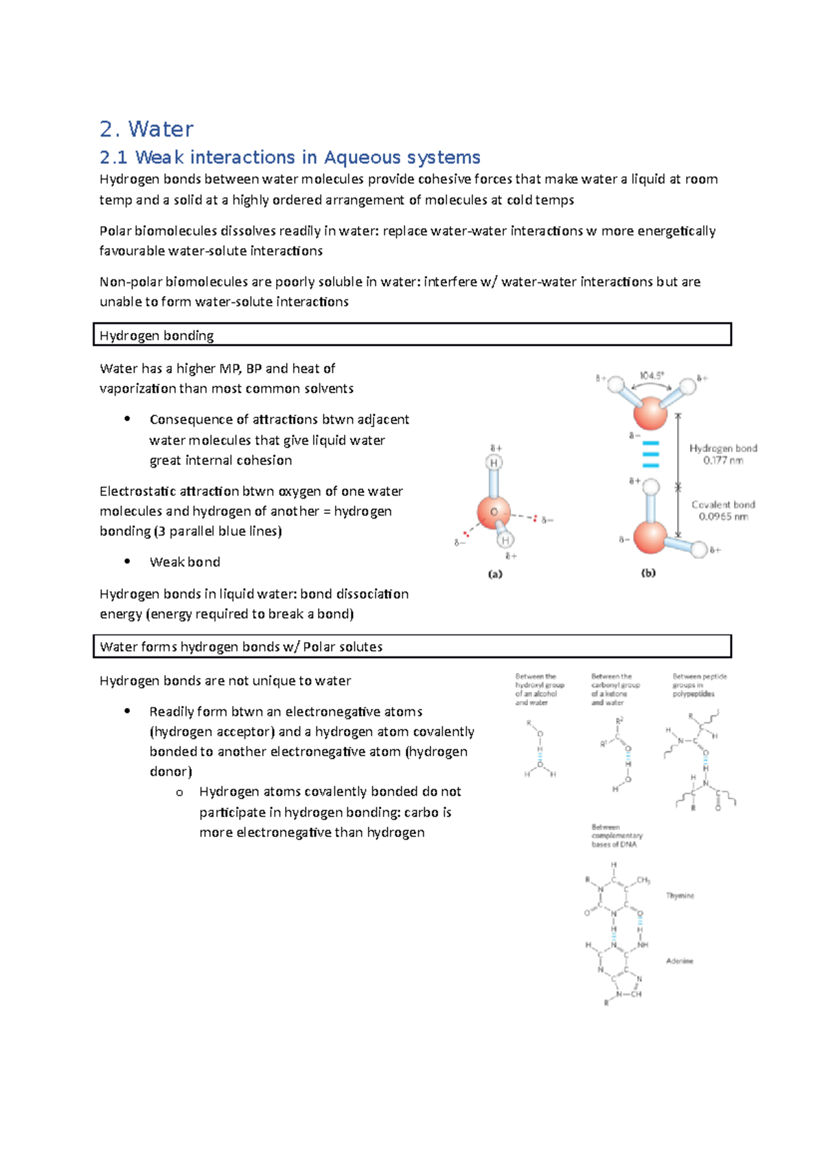 Chapter 2: Water - 2. Water 2 Weak interactions in Aqueous systems Hydrogen bonds between water ...