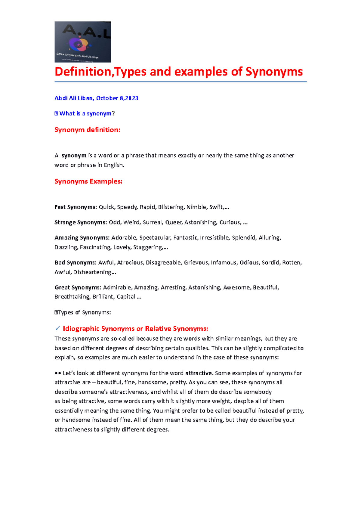 Definition and types of synonyms by Abdi Ali Liban - Definition,Types ...