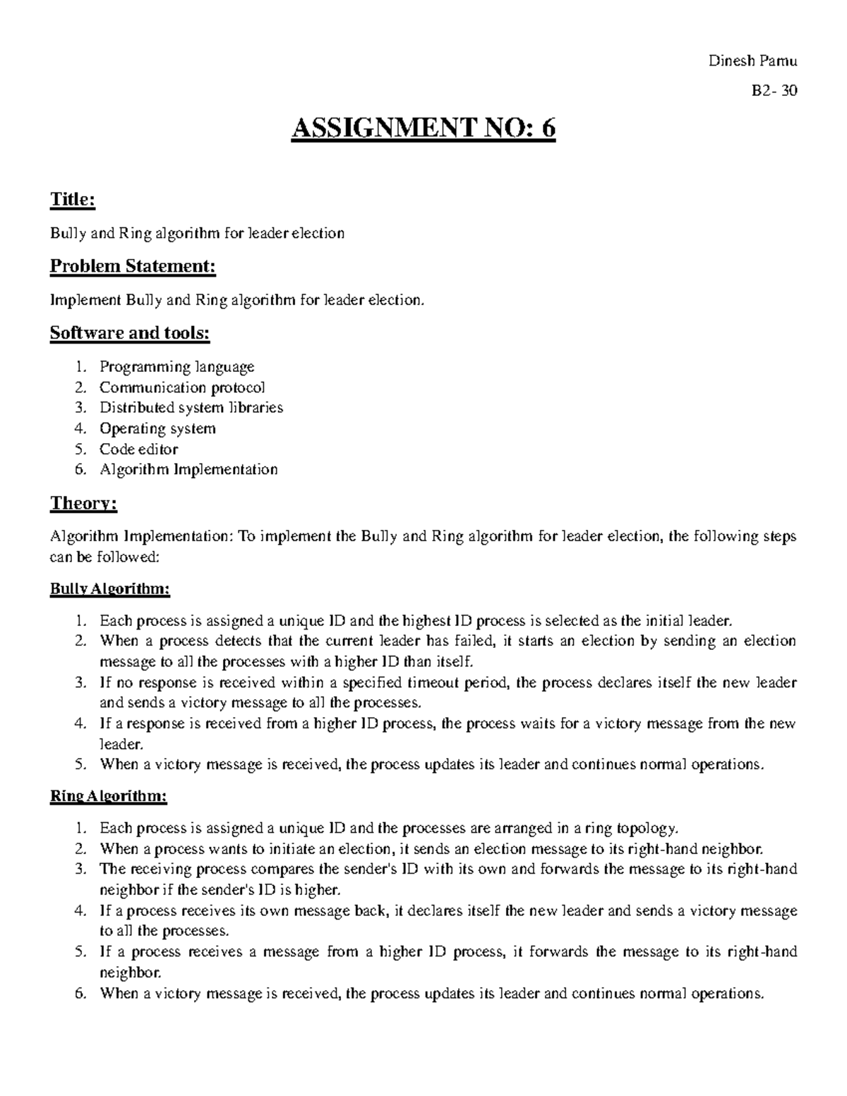 Assignment NO 6 - HCI Assignmwnty - Dinesh Pamu B2- 30 ASSIGNMENT NO: 6 Title: Bully and Ring ...