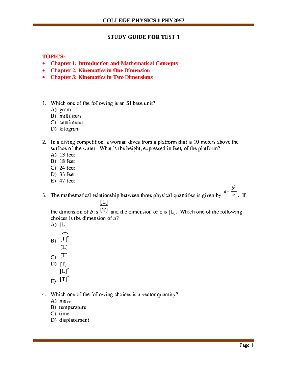 College Physics 5 - Notes - STUDY GUIDE FOR TEST 1 TOPICS: Chapter 1 ...