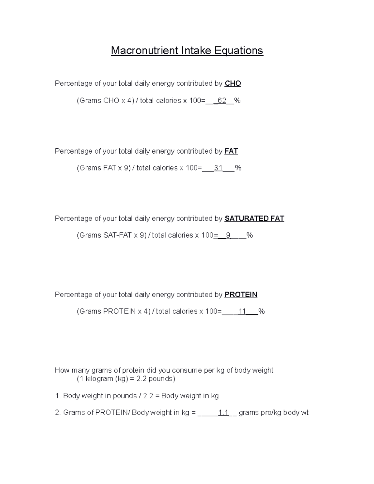 Macronutrient Equations - Macronutrient Intake Equations Percentage of ...