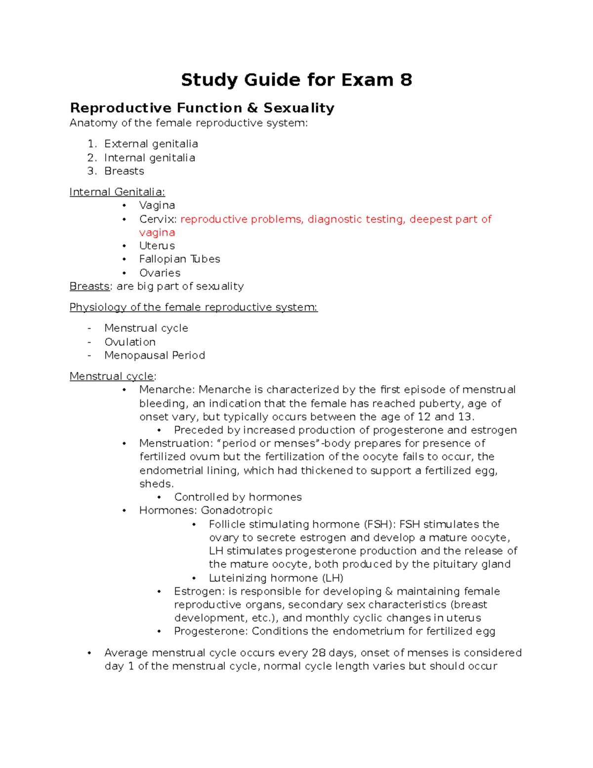 Study Guide exam 6 neuro - Study Guide for Exam 8 Reproductive Function ...