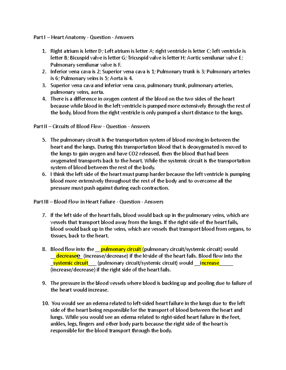 Case Study 1 - Bio - bio - Part I – Heart Anatomy - Question - Answers ...
