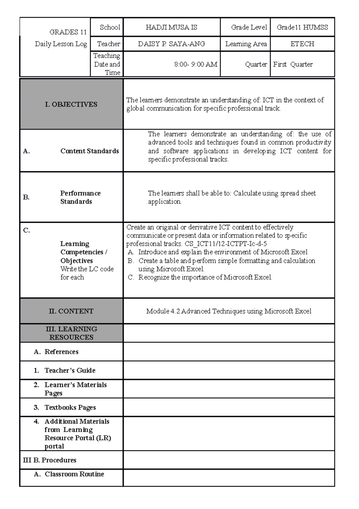 Mil dll - demonstration COT 1 - GRADES 11 School HADJI MUSA IS Grade ...
