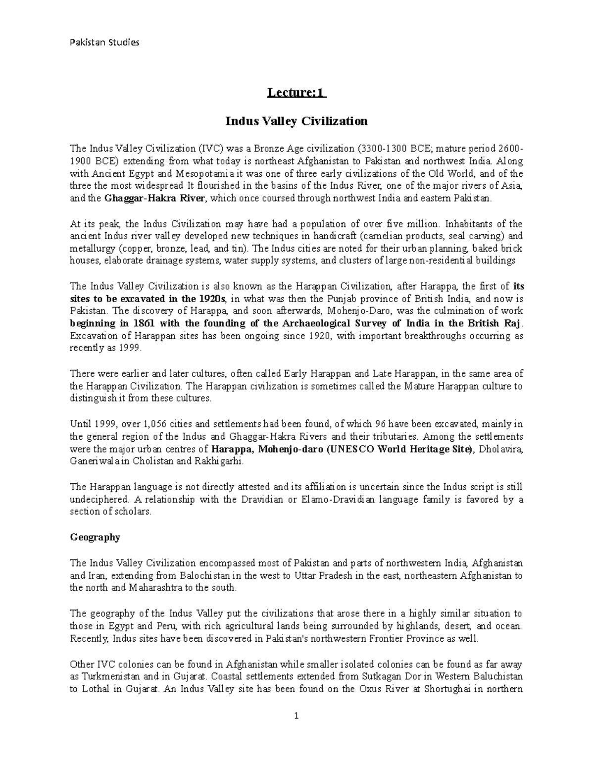 Lecture 1 - Pakistan Studies Lecture:1 Indus Valley Civilization The ...