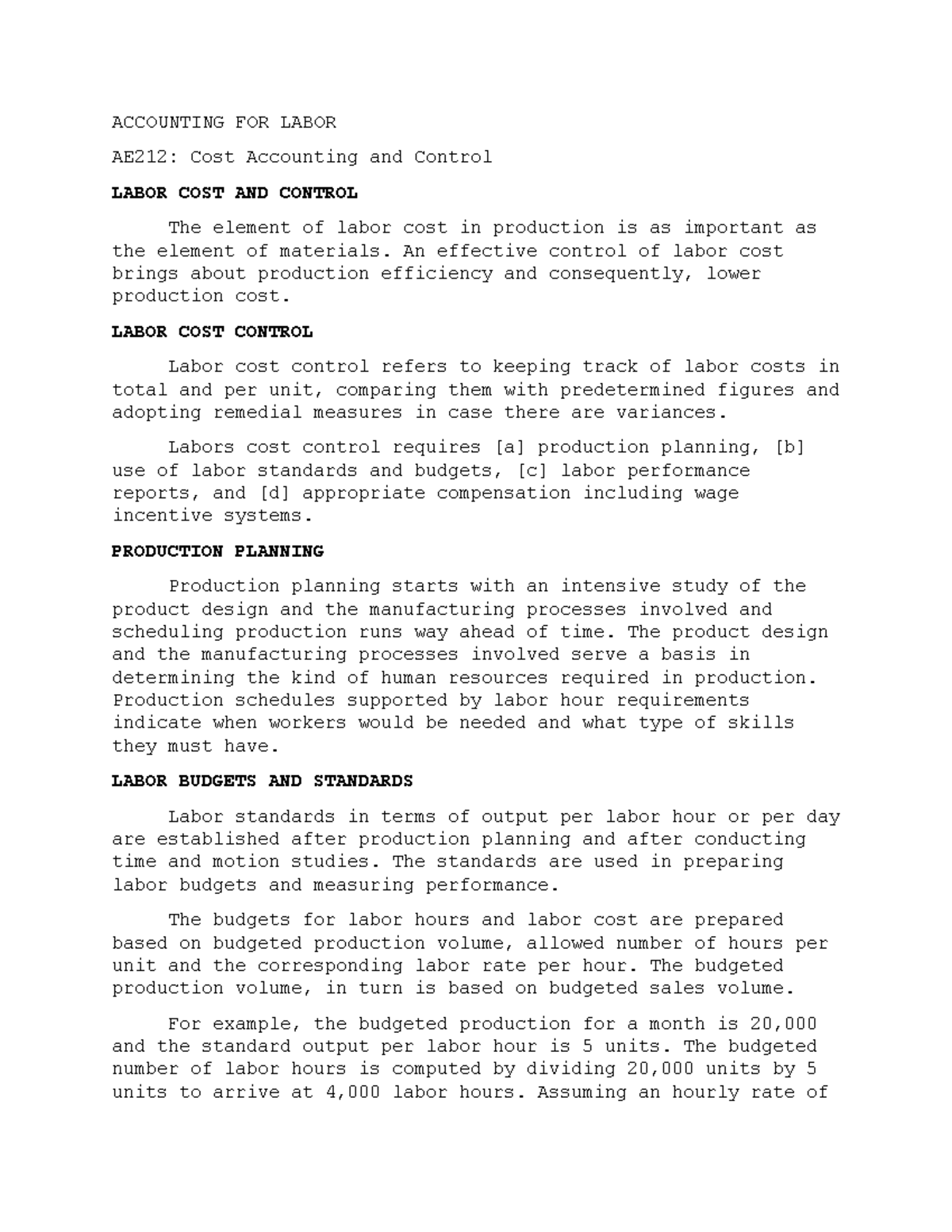 Accounting FOR Labor - ACCOUNTING FOR LABOR AE212: Cost Accounting and ...