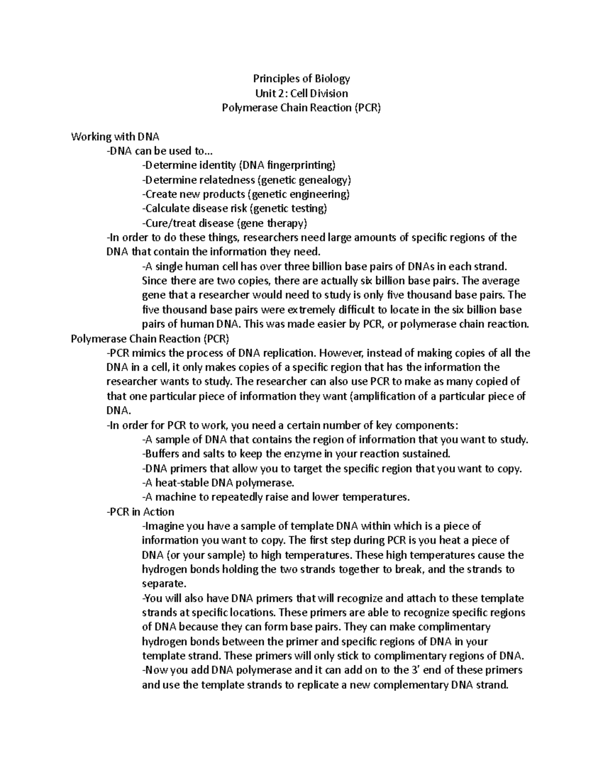 AP Biology PCR. - Principles of Biology Unit 2: Cell Division ...