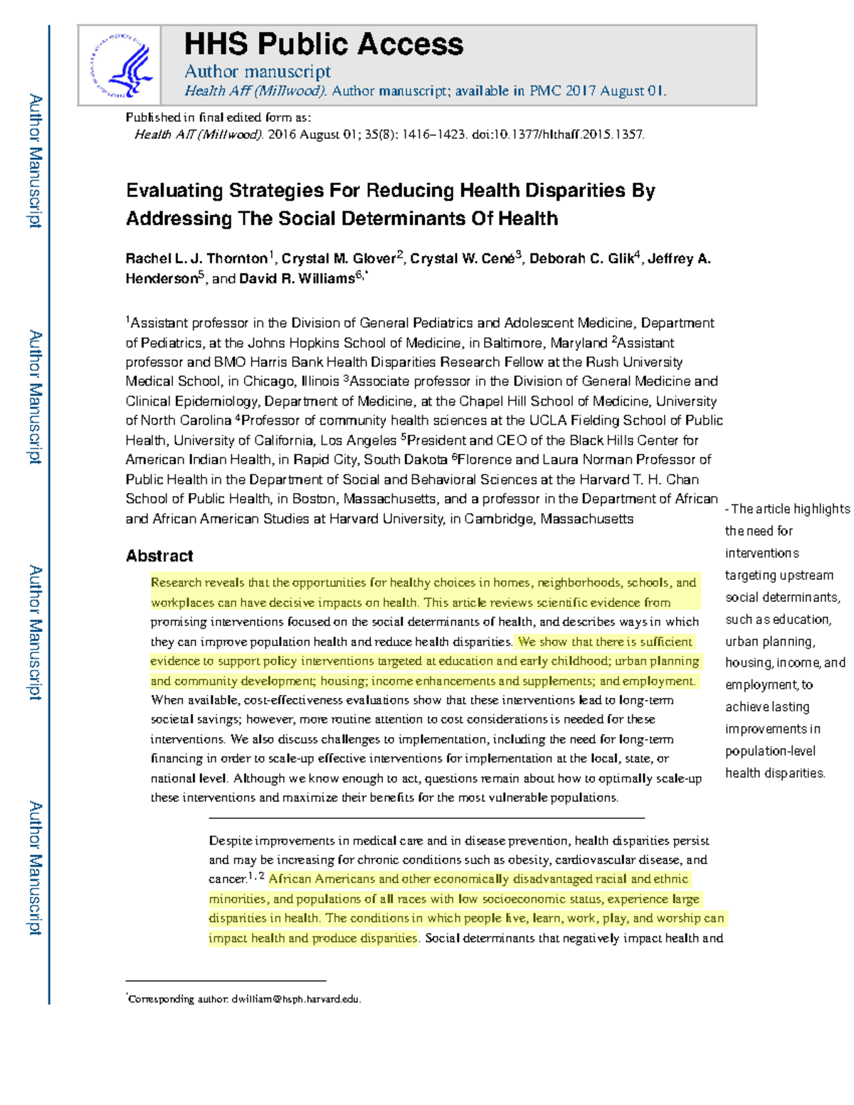 Thornton, 2016 - Evaluating Strategies For Reducing Health Disparities By Addressing The Social ...