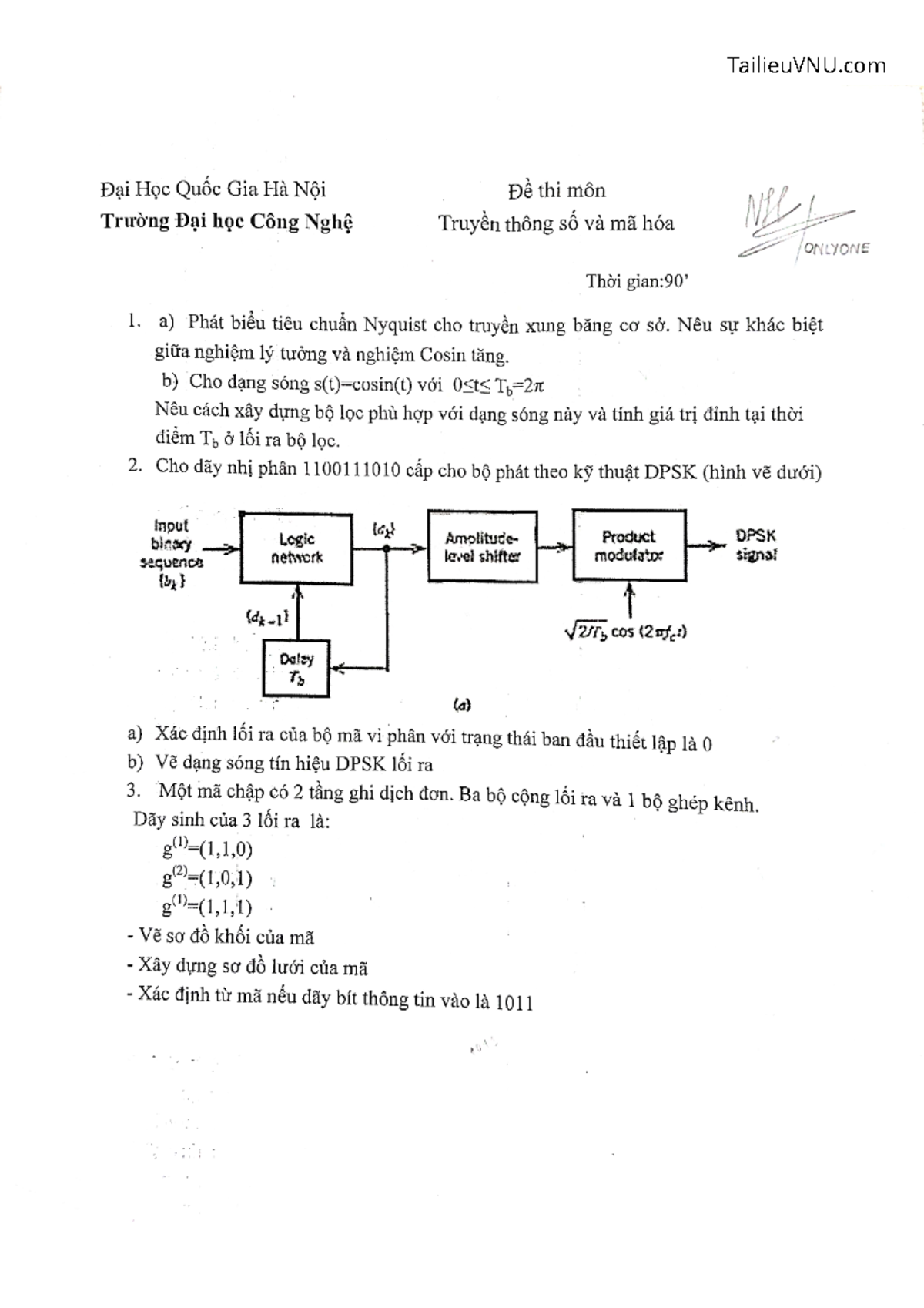 Đề thi Truyền thông số và mã hóa kỳ 1 năm học 2020-2021 – UET ...